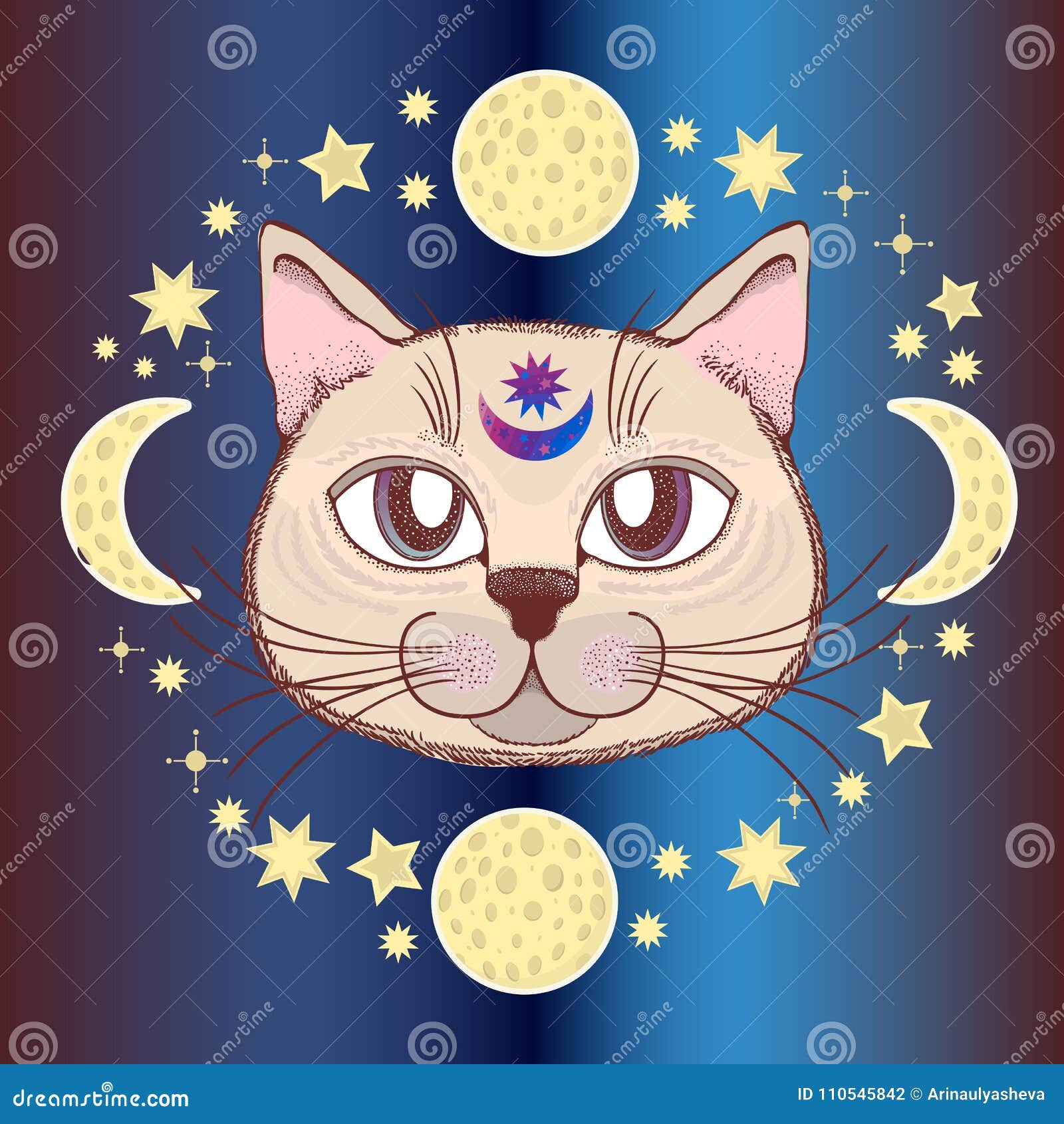 Vector Pattern with a Cat, Moon, Stars. Magical and Fairy. Suitable for ...