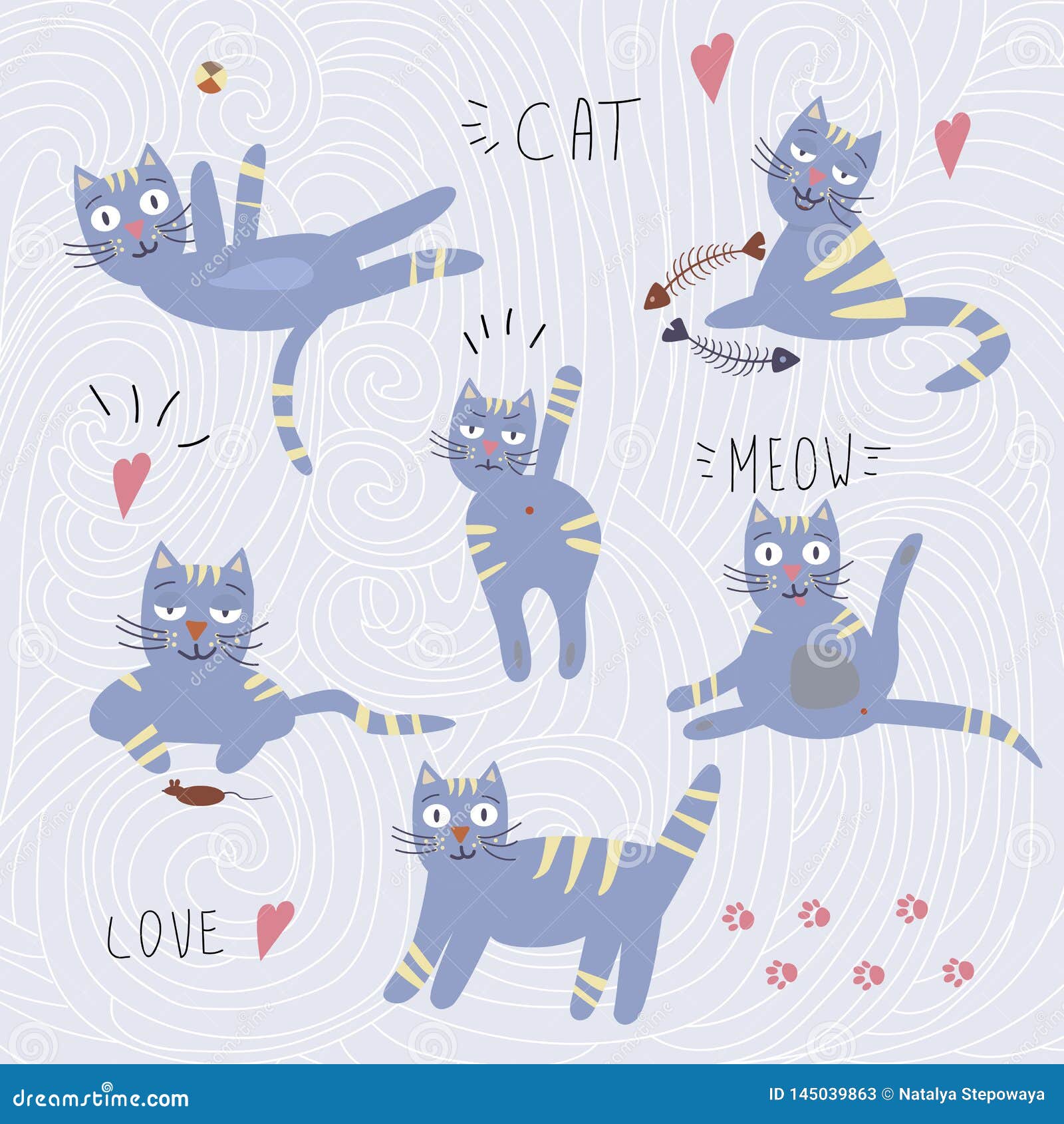 Vector Pattern with Cute Emotion Cat Drawing Character Stock Vector ...
