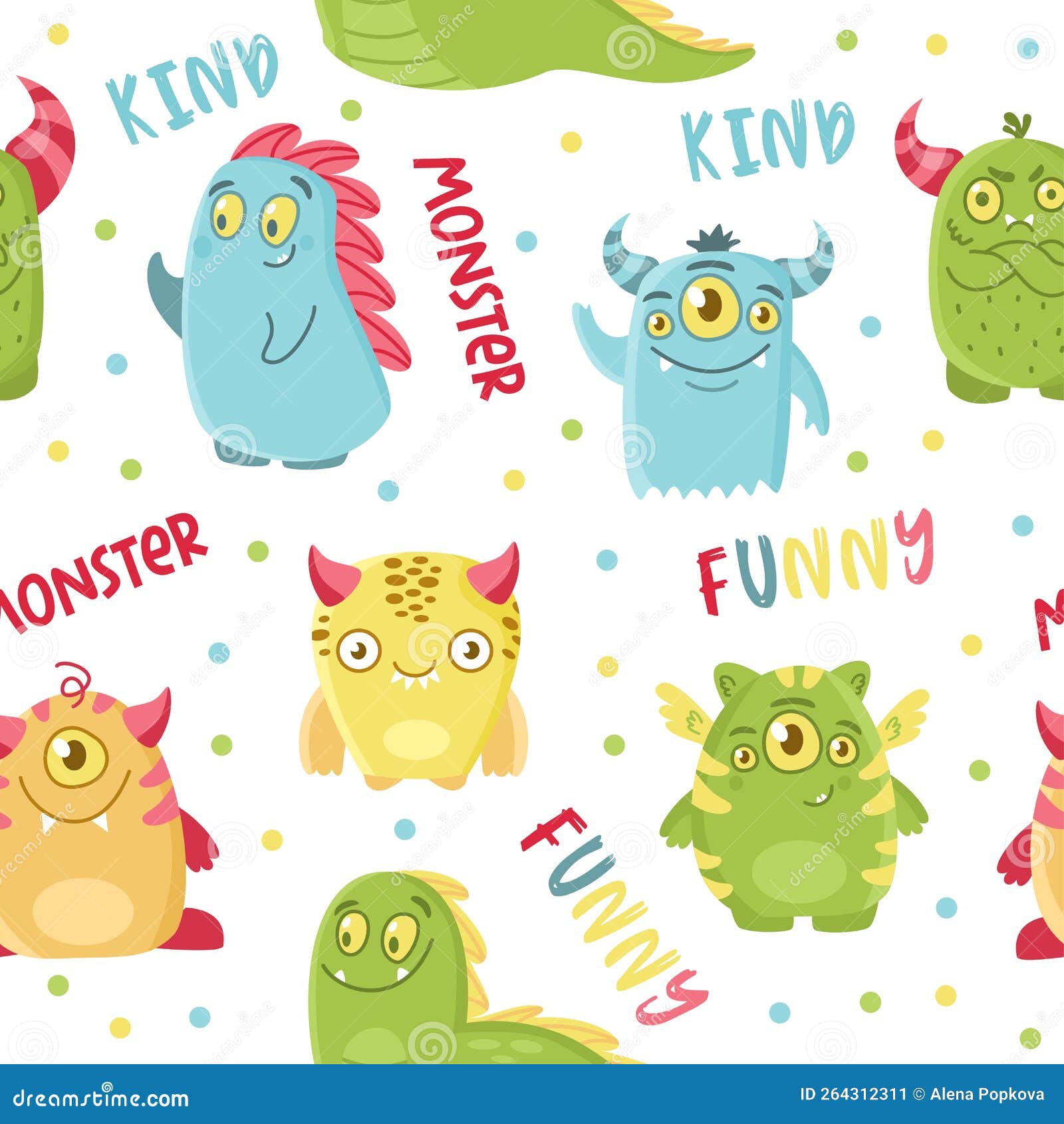 Vector Pattern. Cute, Kind Monsters, Multicolored Inscriptions Stock ...