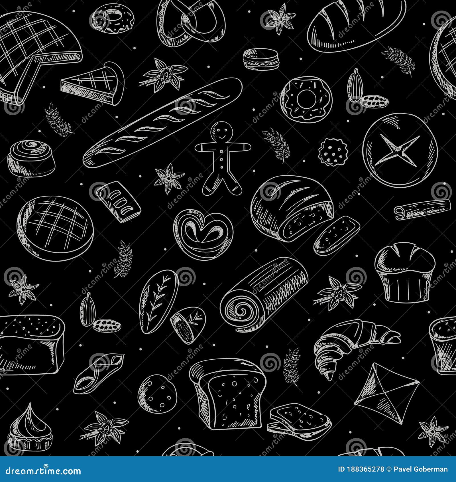 Vector Pattern with Doodle-style Pastries. Bakery Design Over Black ...