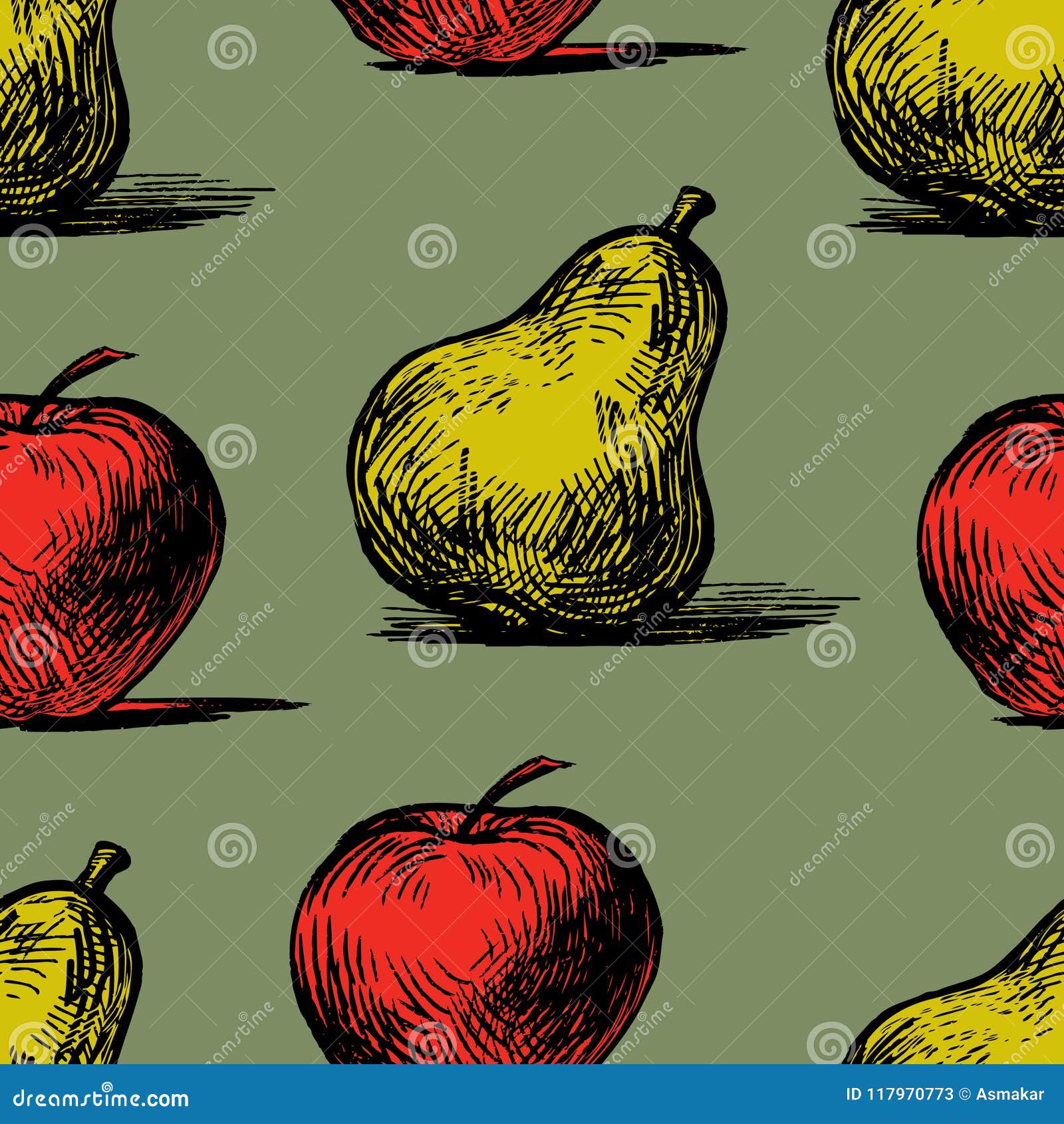 Seamless Background of Apple and Pear Sketches Stock Vector ...