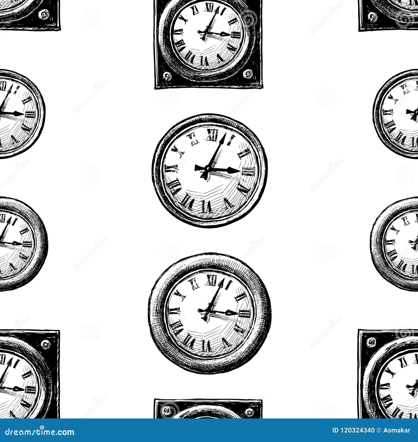 Pattern of the Drawn Clocks Stock Vector - Illustration of seamless ...