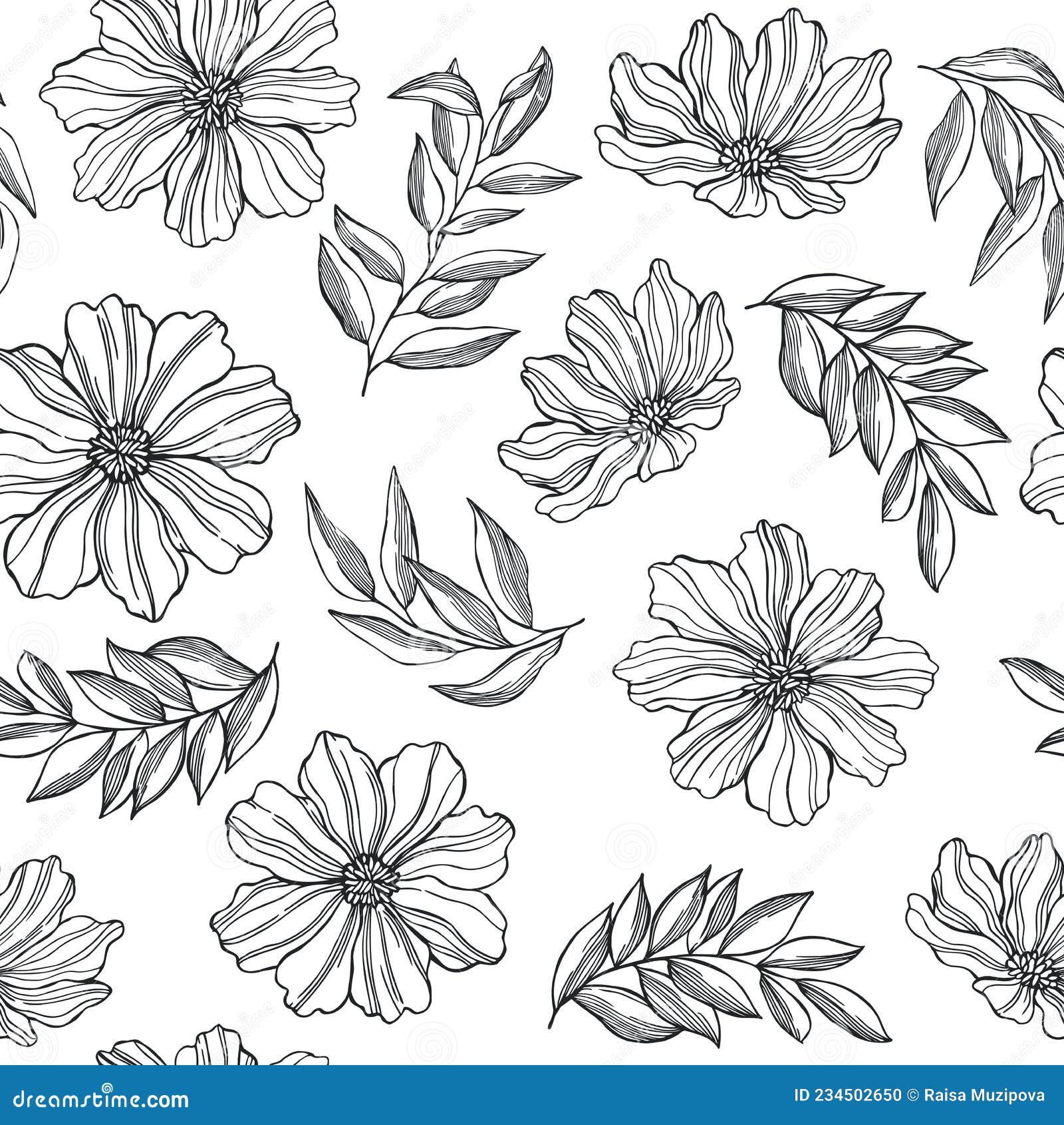 Vector Pattern with Flowers and Leaves Stock Vector - Illustration of ...