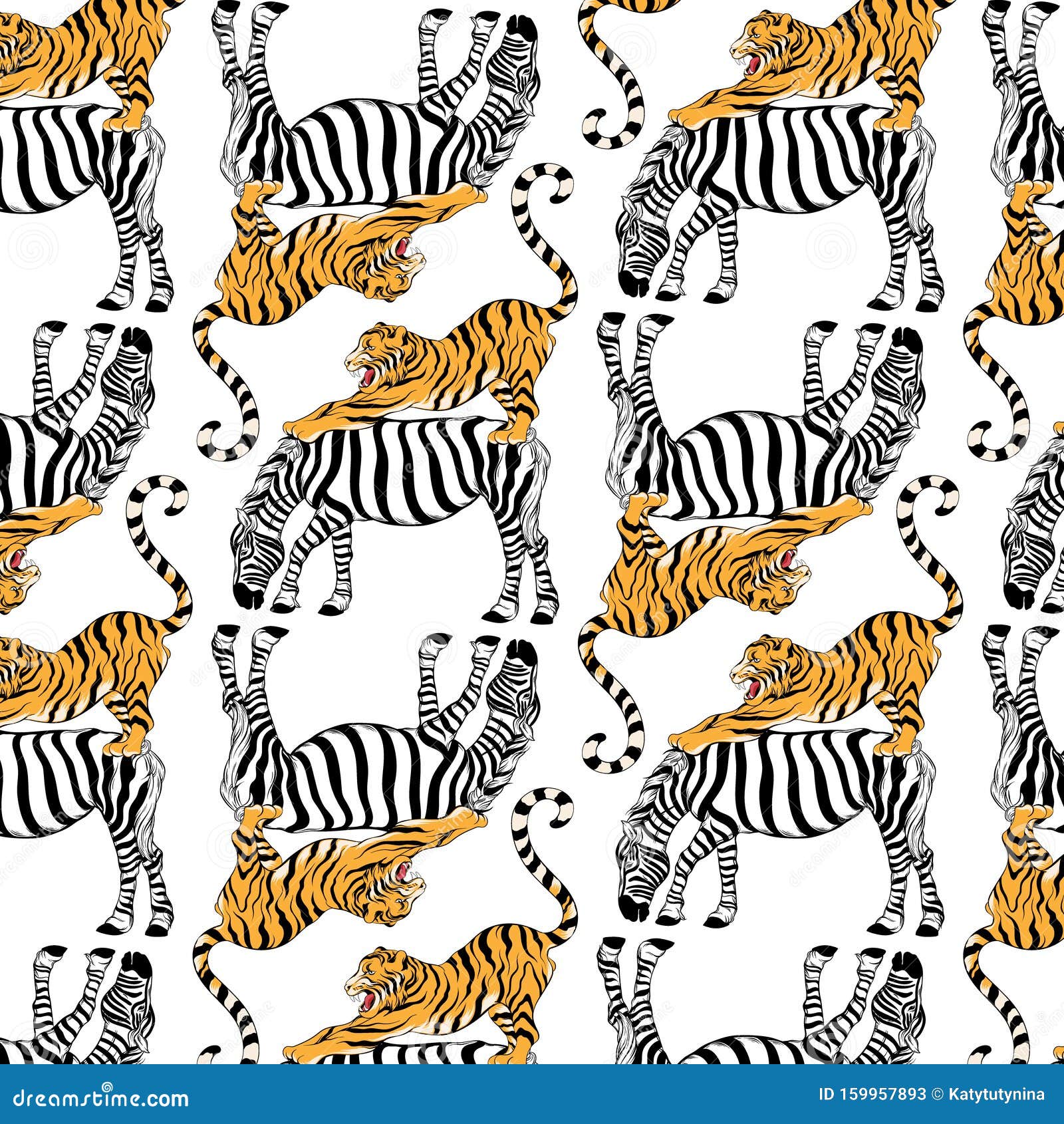 Vector Pattern with Hand Drawn Illustration of Tiger and Zebra Isolated ...