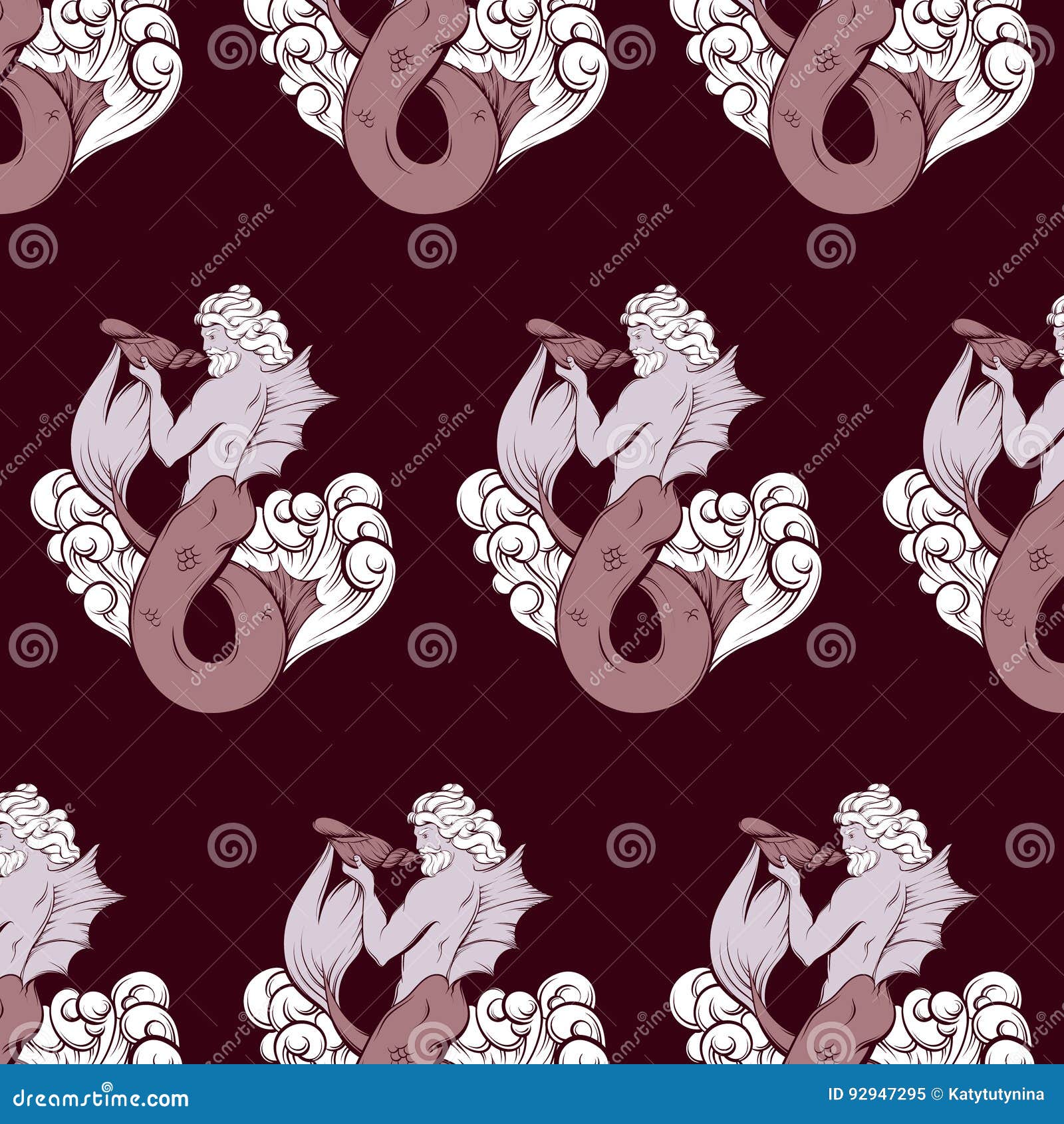 Vector Pattern with Hand Drawn Illustration of Triton in Realistic Line ...