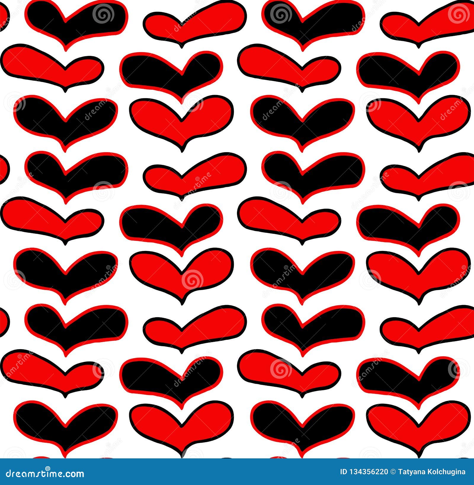Vector Seamless Pattern of Hand Drawn Red Black Hearts in Doodling ...