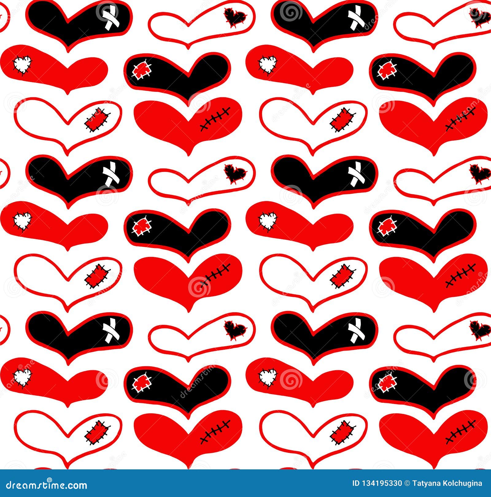 Vector Seamless Pattern of Hand Drawn Red and Black Hearts Stock Vector ...