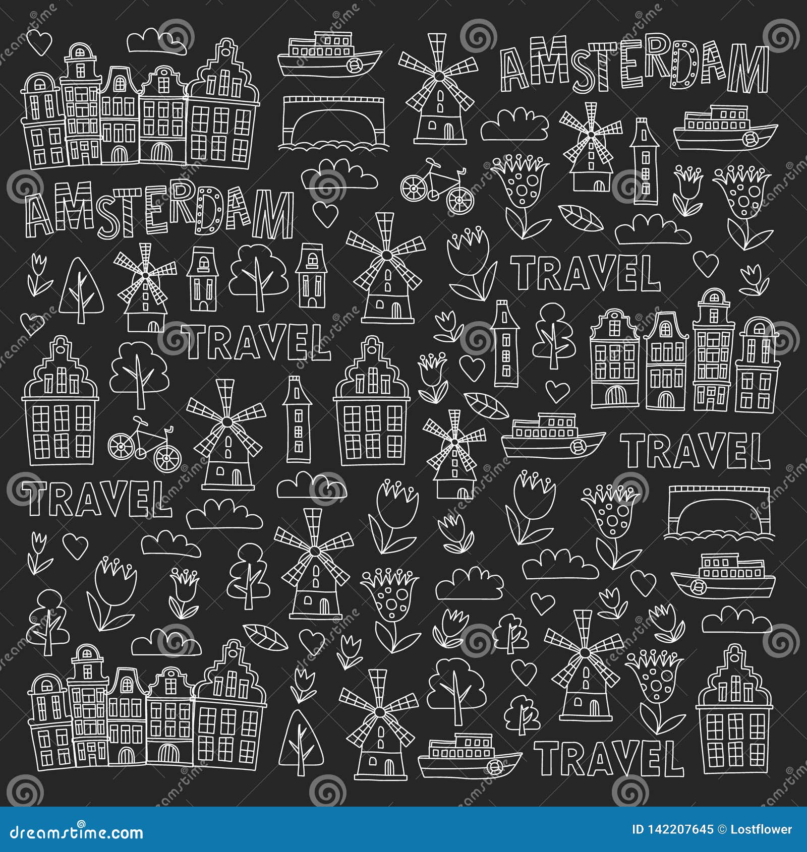 Vector Pattern with Holland, Netherlands, Amsterdam Icons. Doodle Style ...