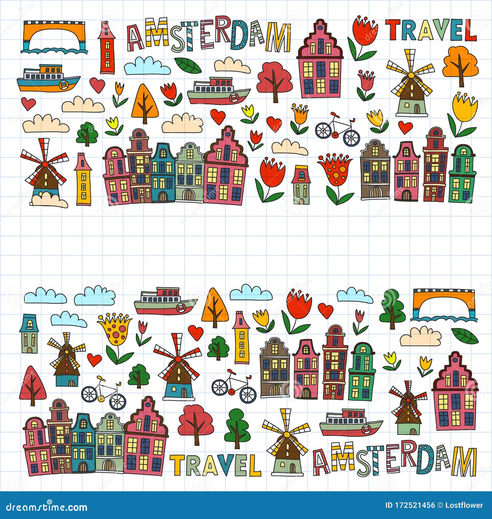 Vector Pattern with Holland, Netherlands, Amsterdam Icons. Doodle Style ...