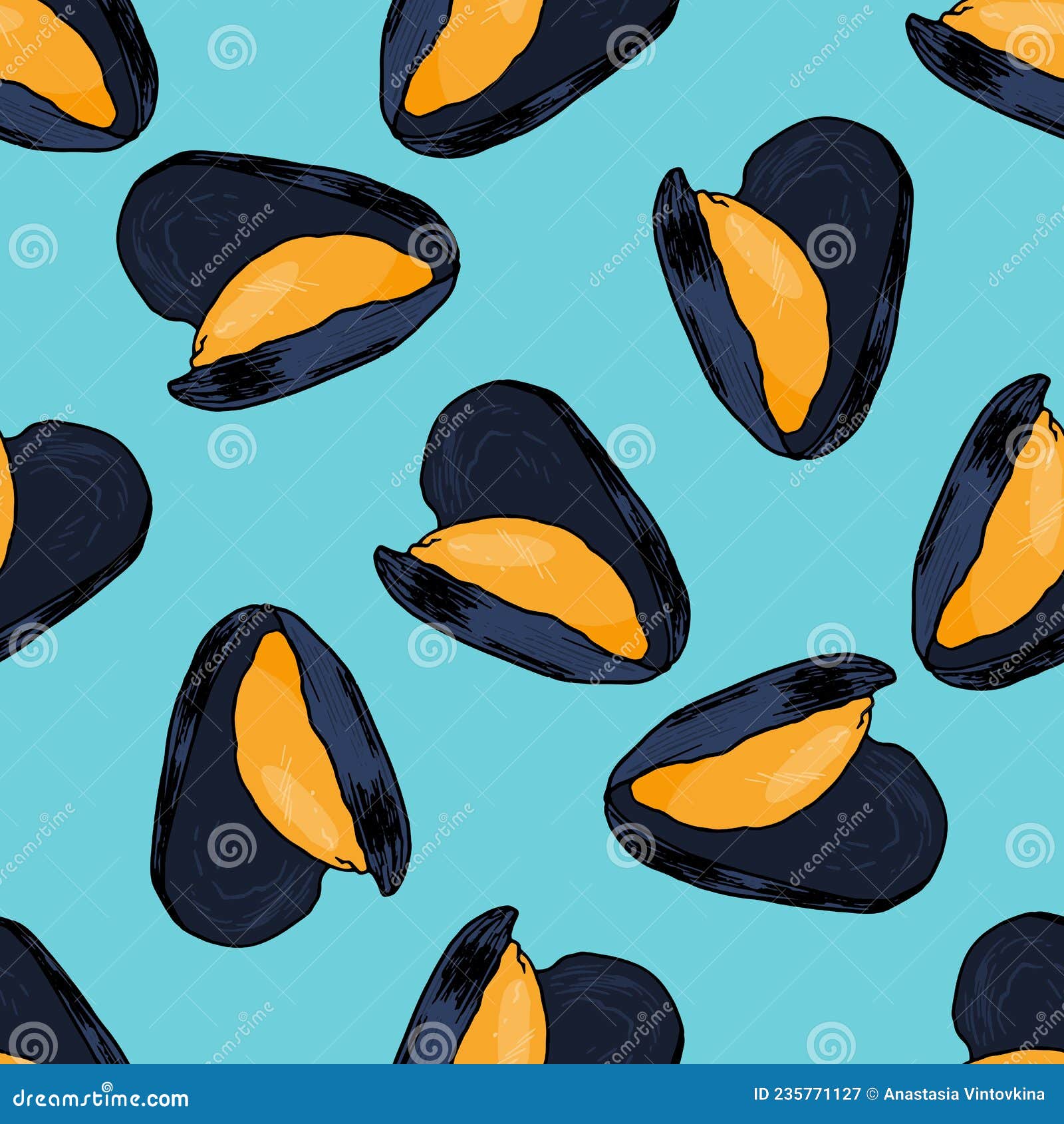 The Pattern of an Open Orange Mussel with a Gray Shell. Seamless Hand ...