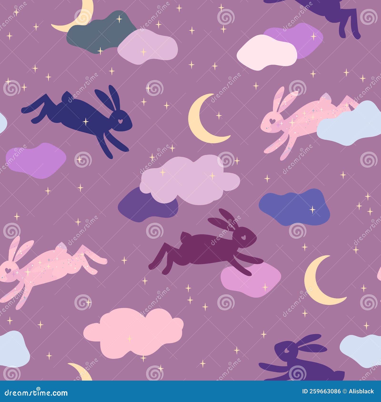 Vector Pattern with Pastel Clouds and Cute Rabbits in the Night Sky ...