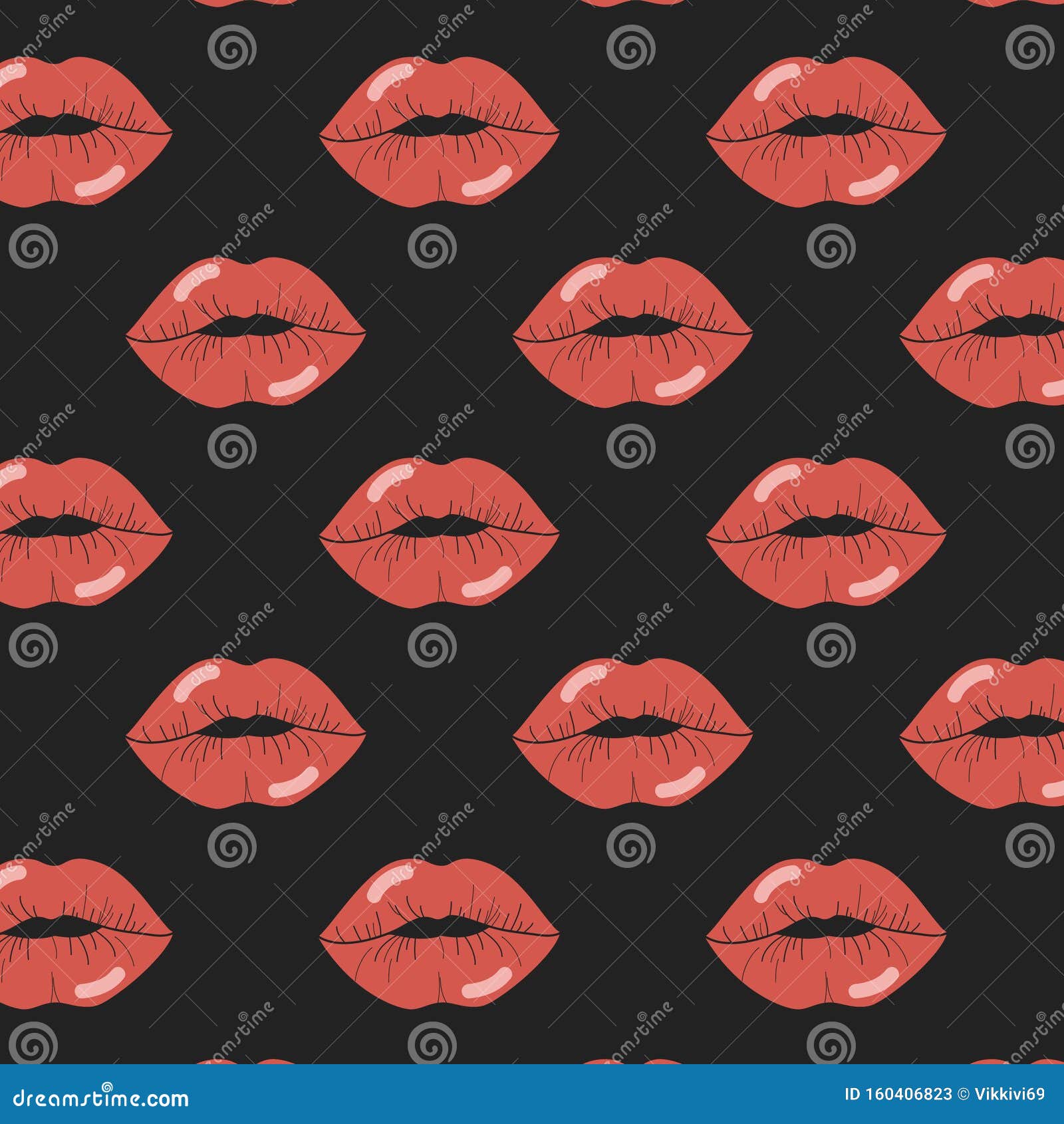 Vector Pattern with Red Lip Prints on Black Background. Colored ...