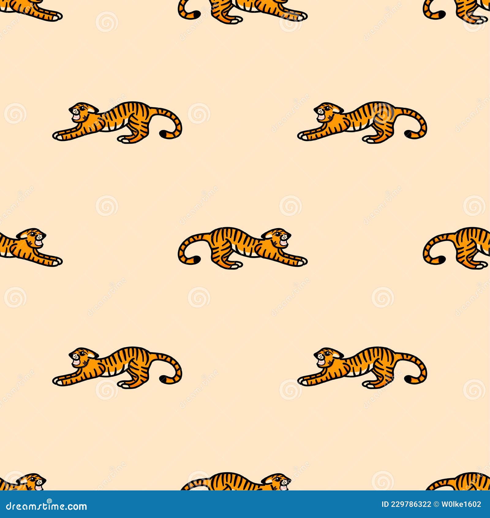 Vector Pattern with a Snarling Tiger in Cartoon Style on a Beige ...