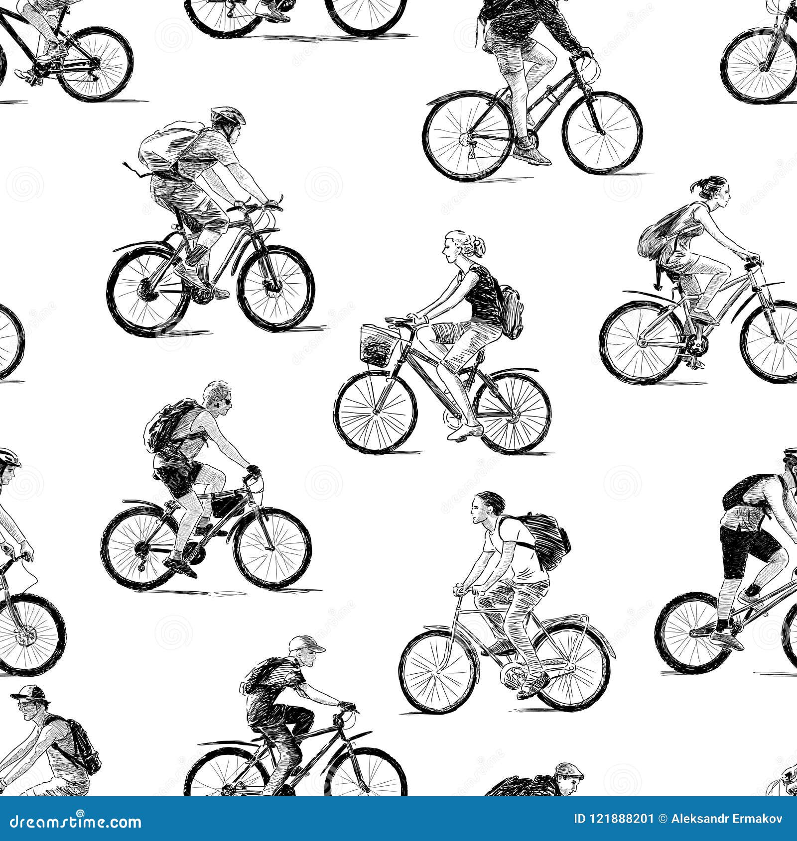 Seamless Background of the Sketches of Young Cyclists Stock Vector ...