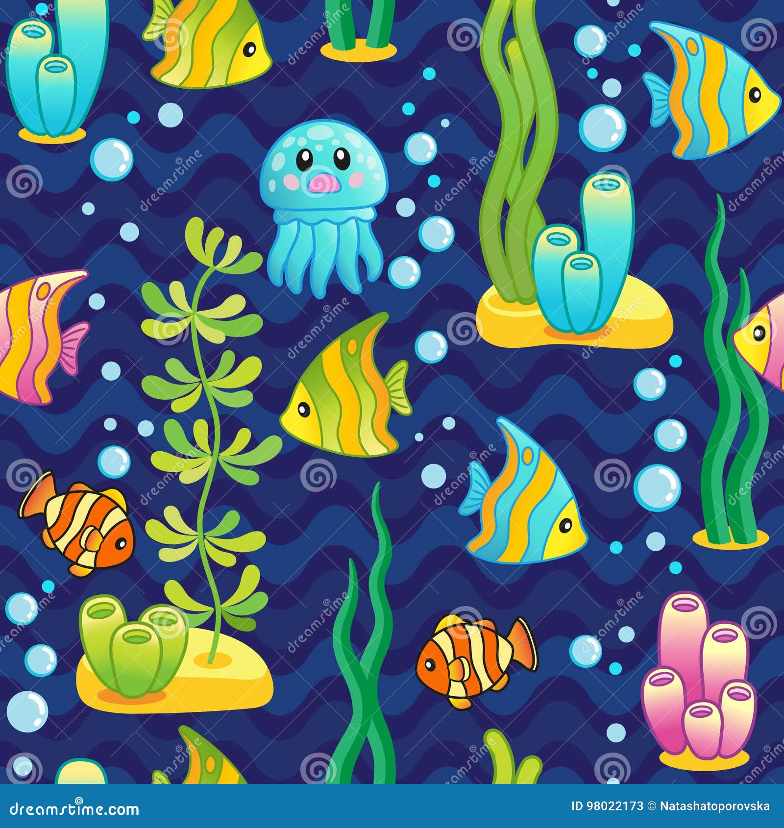 Vector Pattern with Underwater Design and Funny Sea Creatures Stock ...