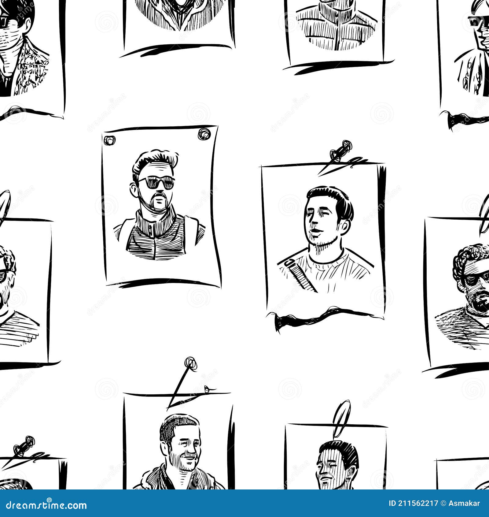 Seamless Background of Sketches Portraits Various Young Men on Note ...
