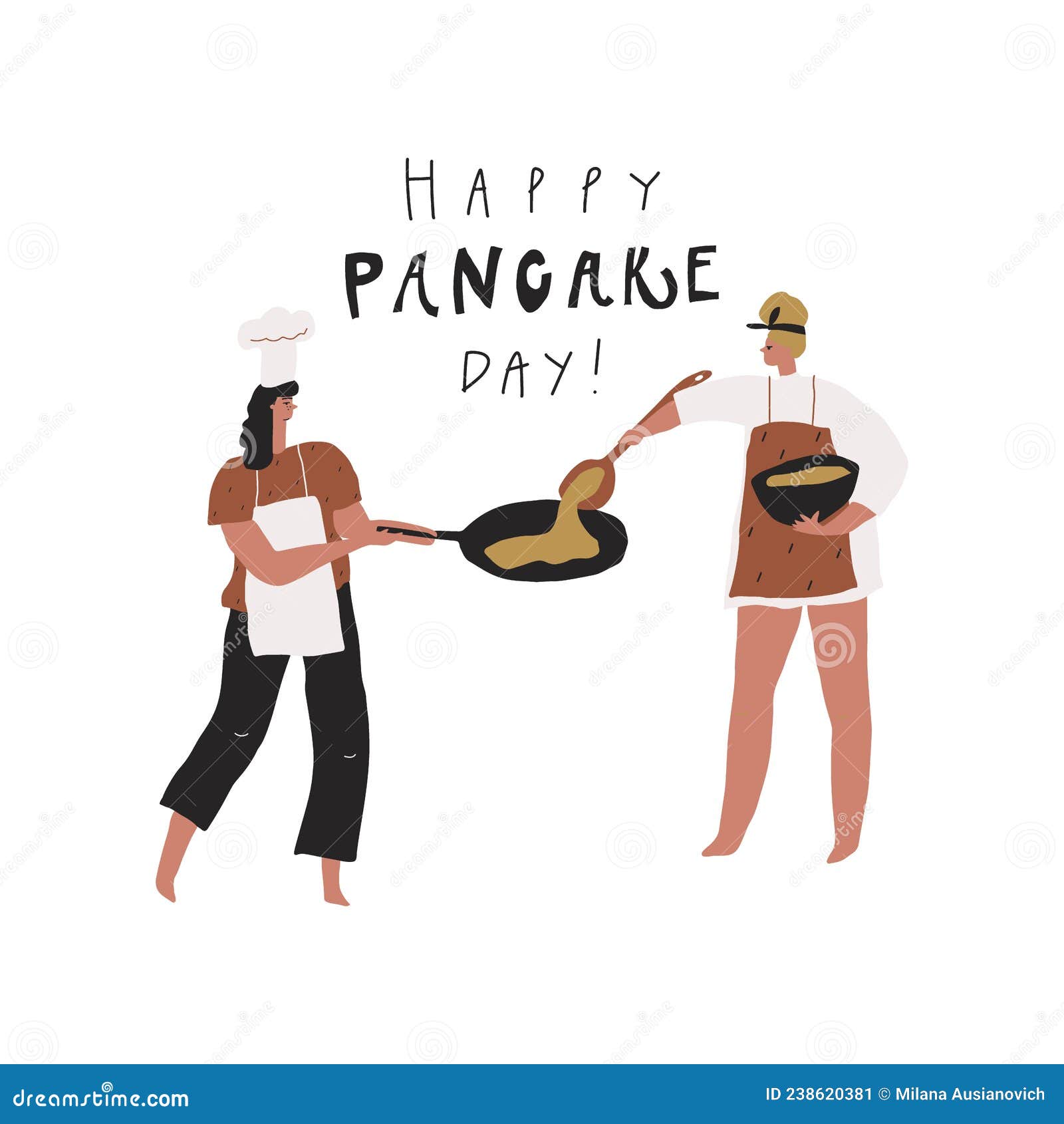 Vector People Making Pancakes. Hand Drawn Image and Text: Happy Pancake ...