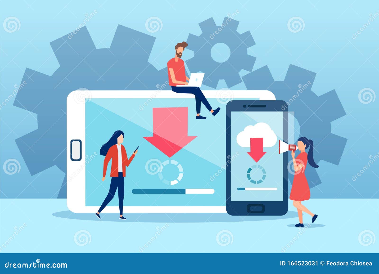 Vector of People Making System Software Updates on Mobile Gadgets Stock ...