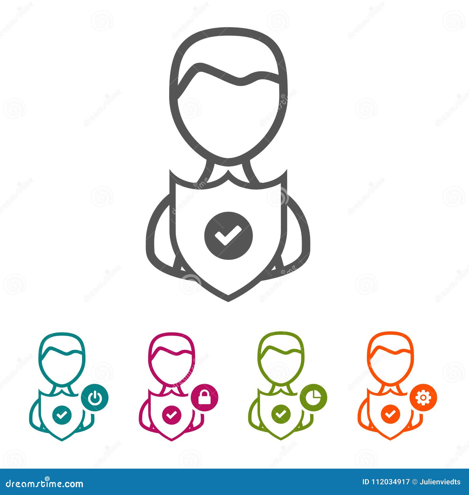 Vector People with Protection Shield Icons in Thin Line Style and Flat ...