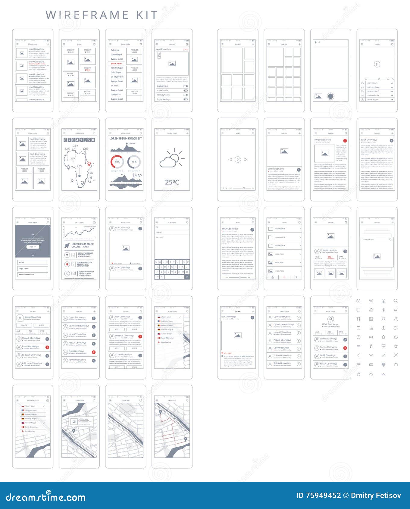 Vector Phone GUI Template. Wireframe UI Kit Stock Vector - Illustration ... Vector Phone GUI Template. Wireframe UI Kit Stock Vector - Illustration ...
