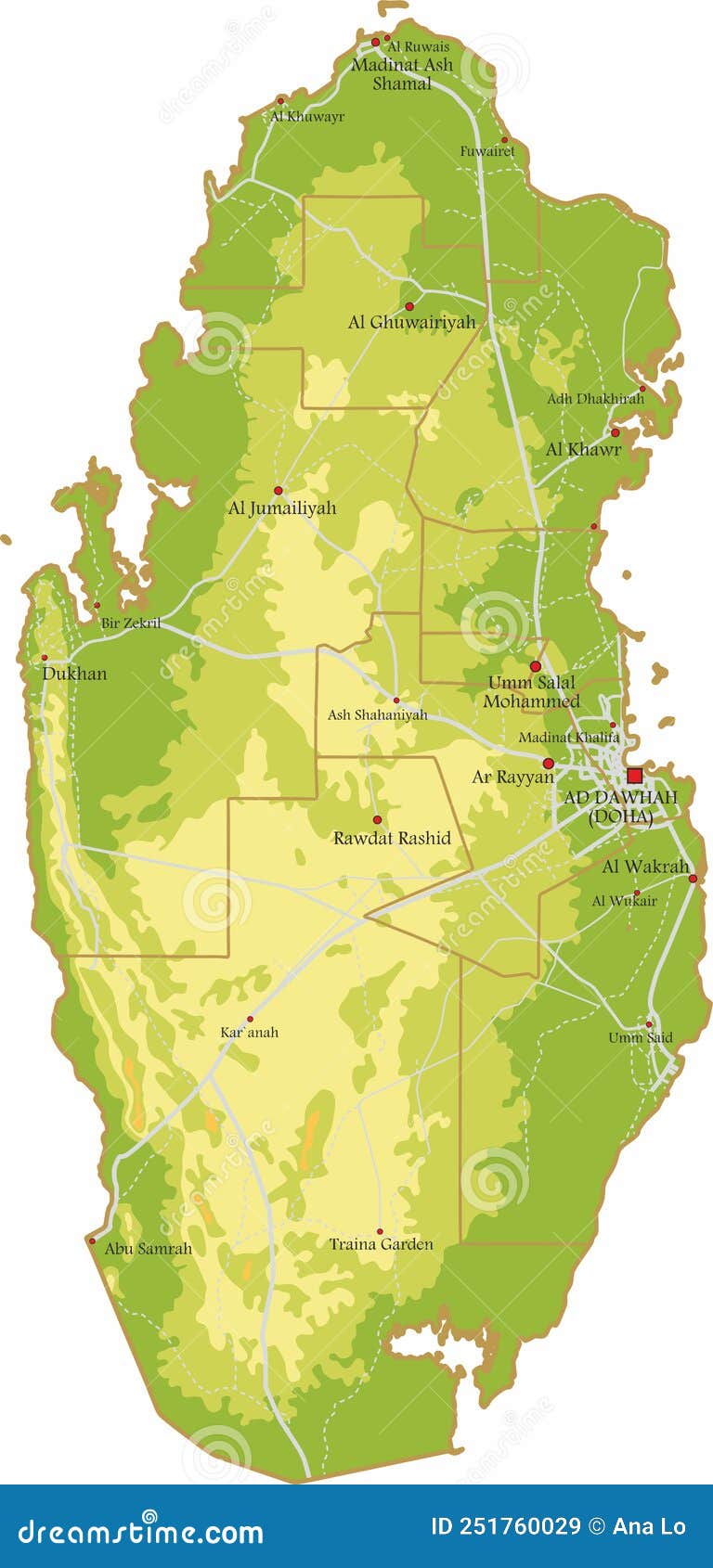 Vector Physical Map of Qatar. Stock Vector - Illustration of continent ...