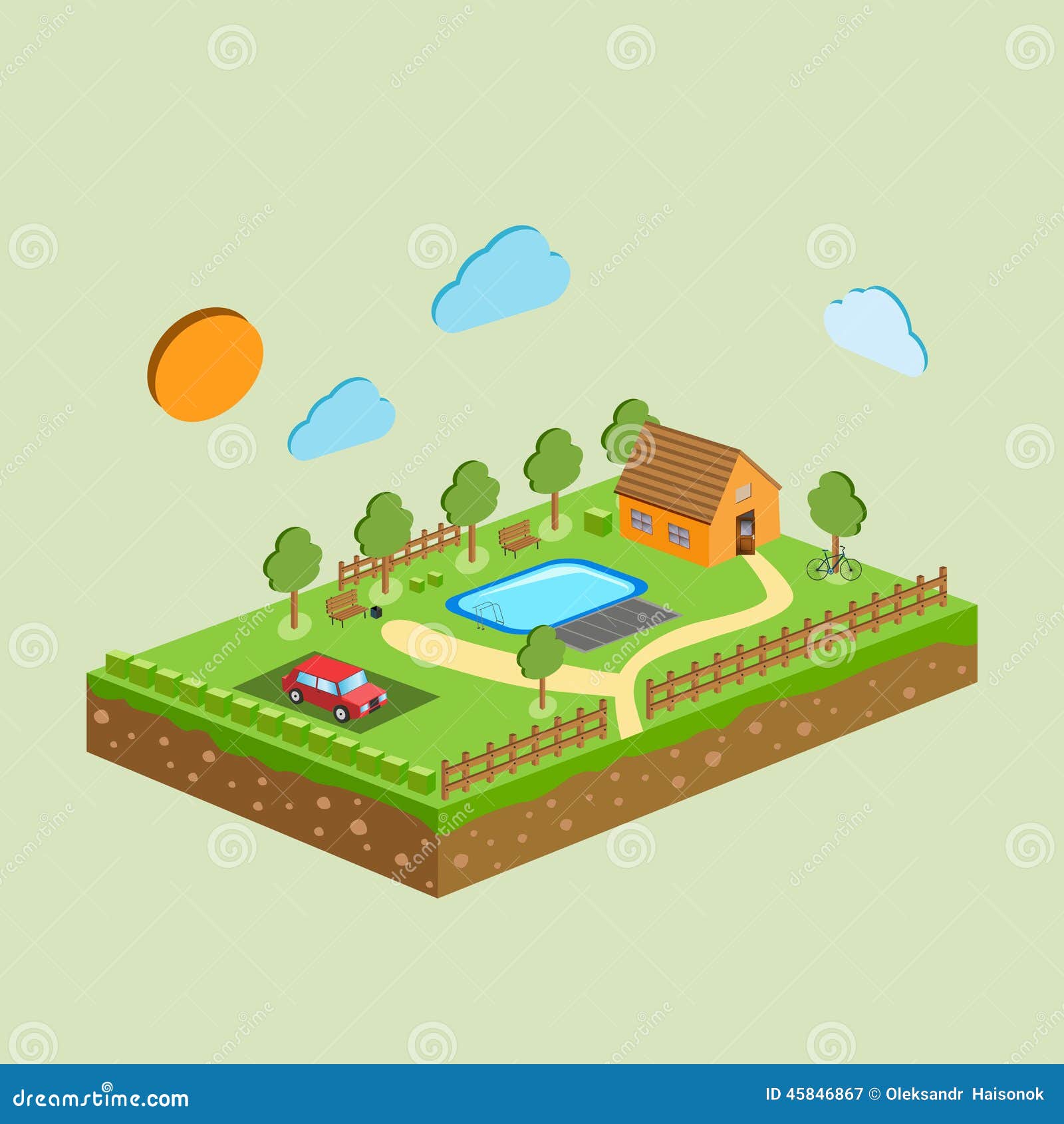 Vector Piece of Land and Sky with Objects Stock Vector - Illustration ...