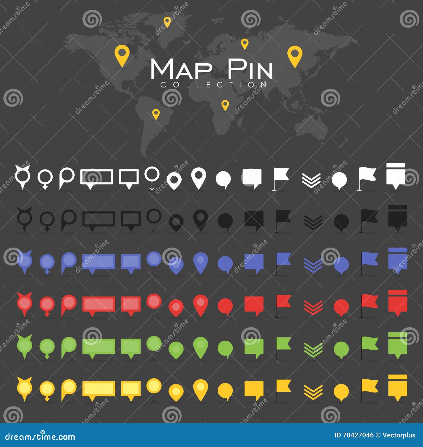 Vector Pin Map Icon Mark Symbol Location Colorful Retro Flat Shadow ...