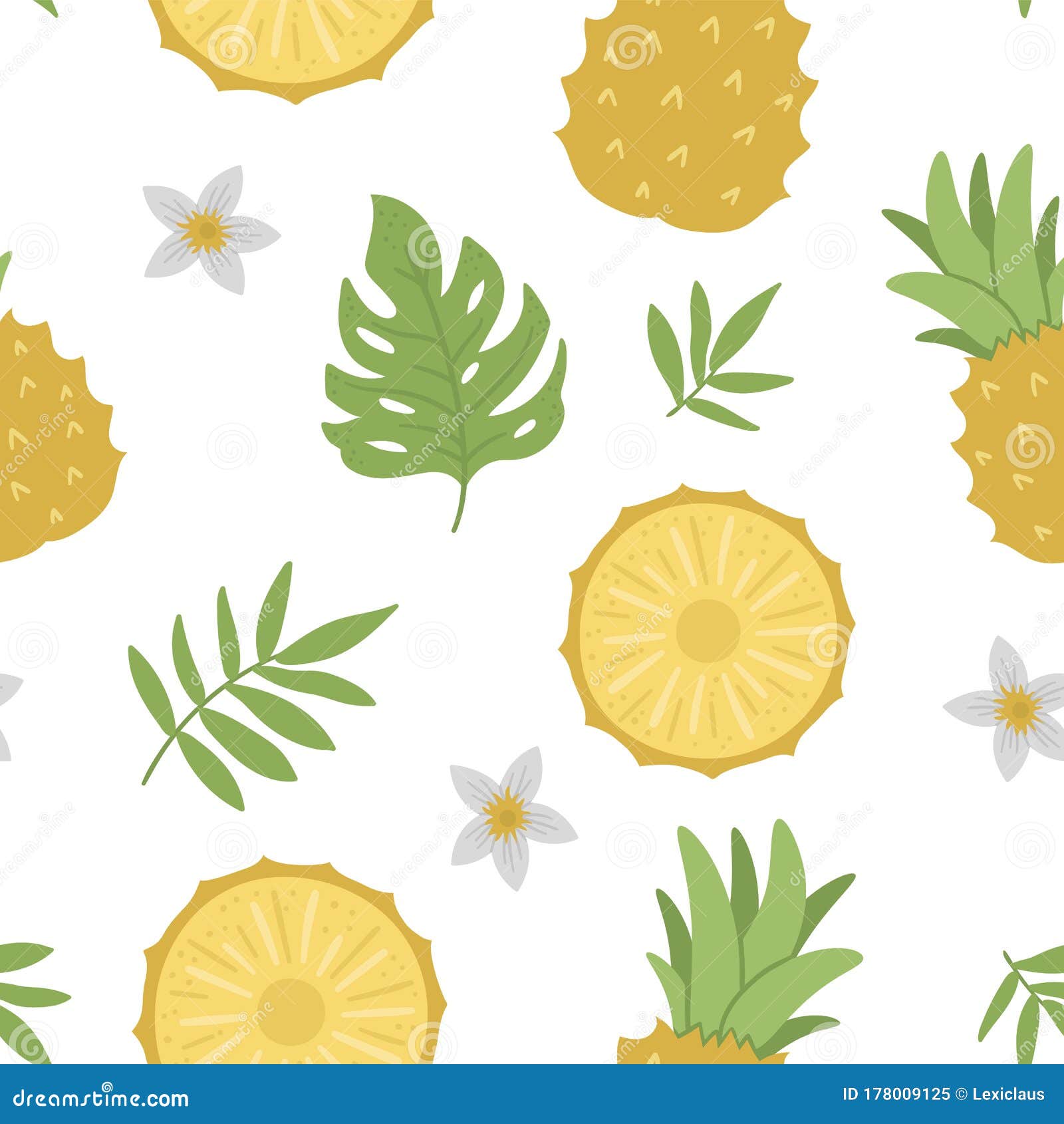 Vector Pineapple Seamless Pattern. Jungle Fruit Repeat Background. Hand Drawn Flat Exotic ...