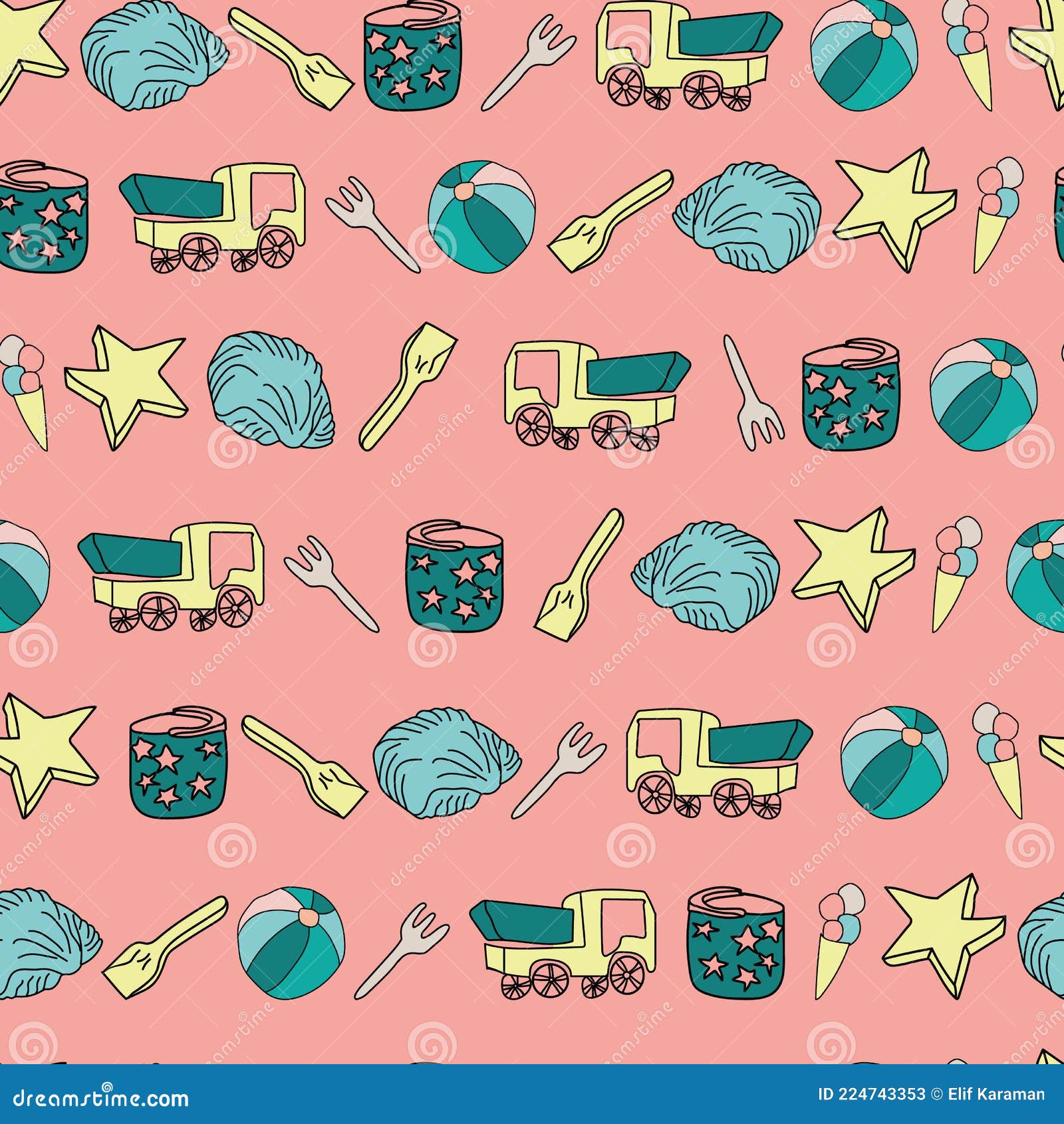 Vector Pink Colorful Beach Doodle Horizontal Background Pattern Stock ...