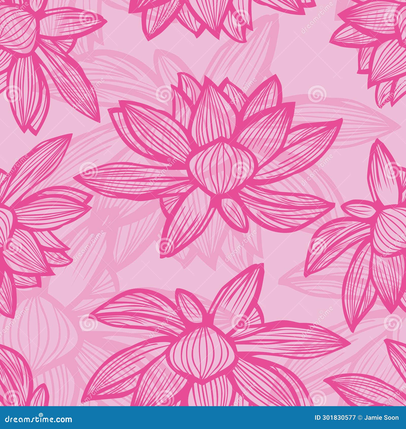 Vector Pink Lotus Flower Outlines Monochrome Repeat Pattern 06 ...