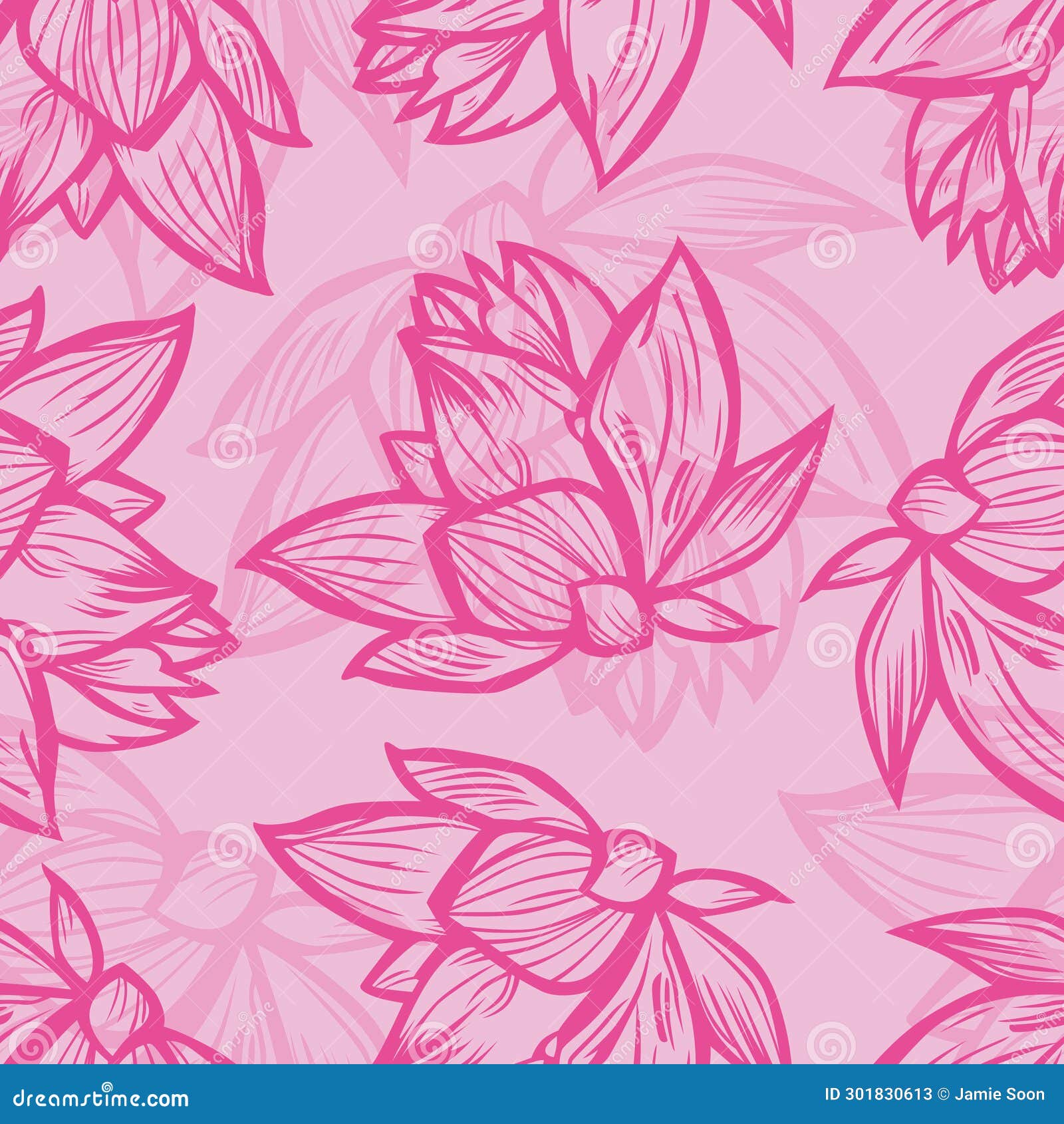 Vector Pink Lotus Flower Outlines Monochrome Repeat Pattern 08 ...