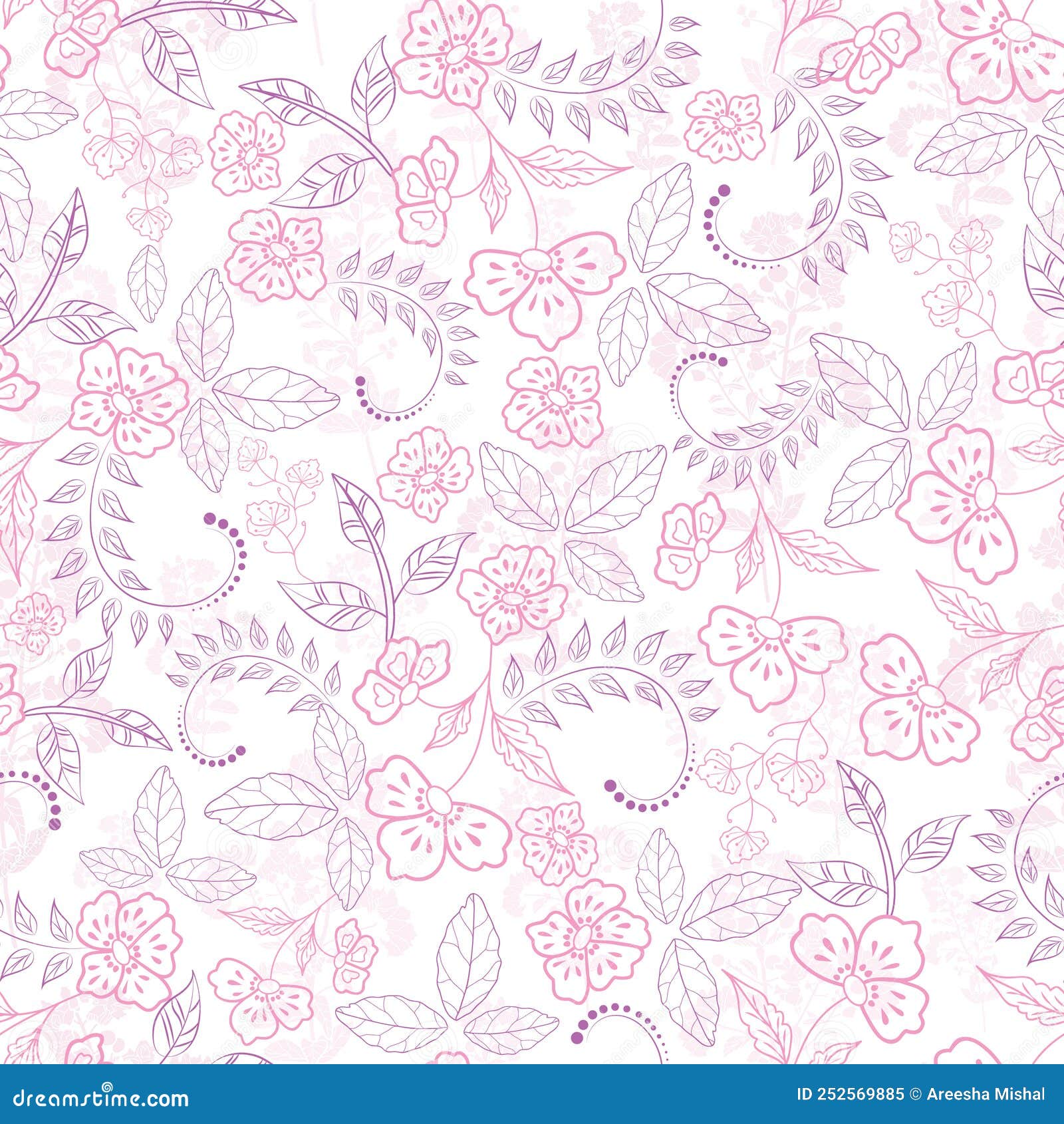 Vector Pink Purple Floral Hand Drawn Line Art Drawing on Light Texture ...