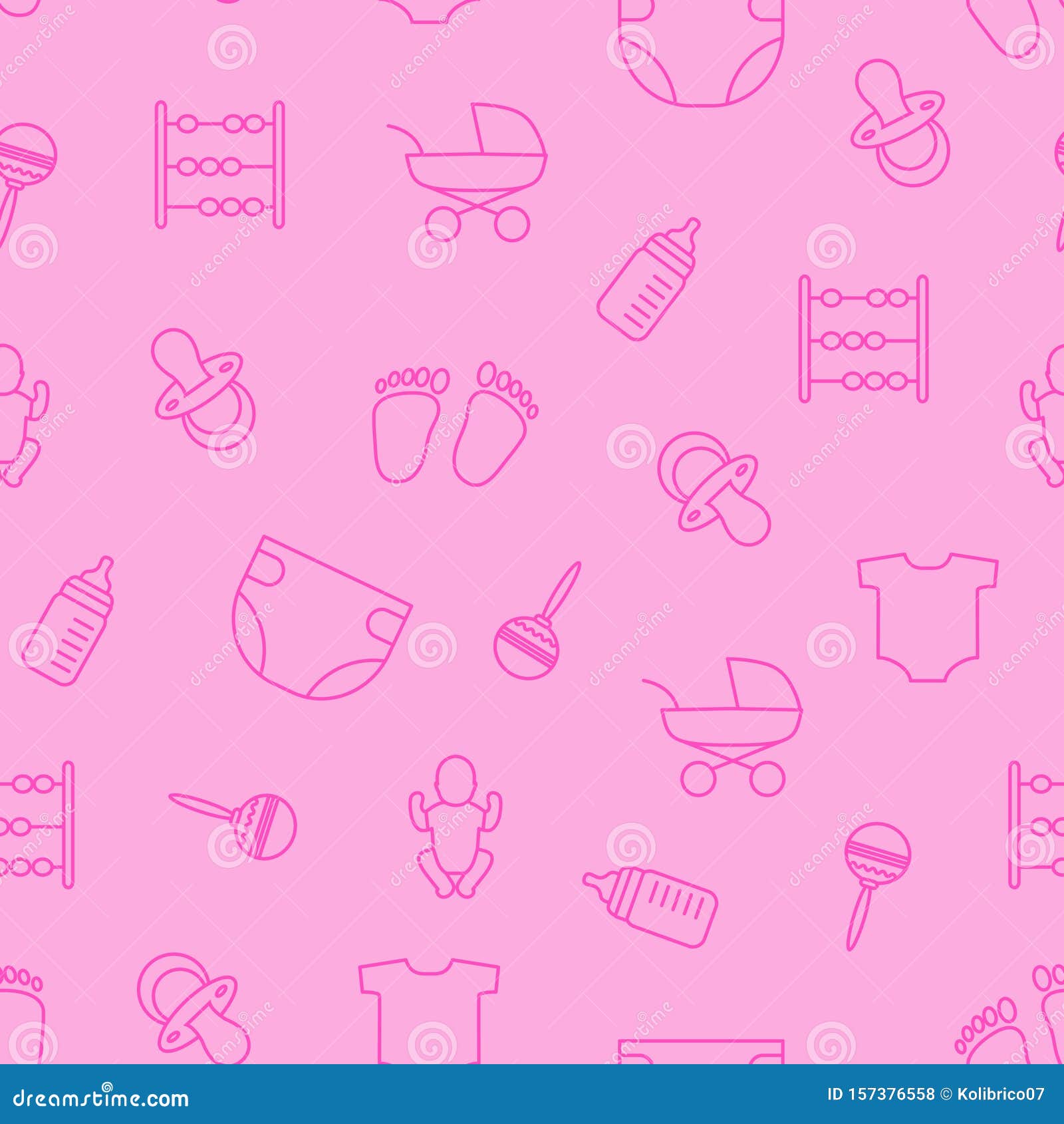 Vector Pink Seamless Pattern of Baby Stuff. Baby Objects Seamles Stock ...