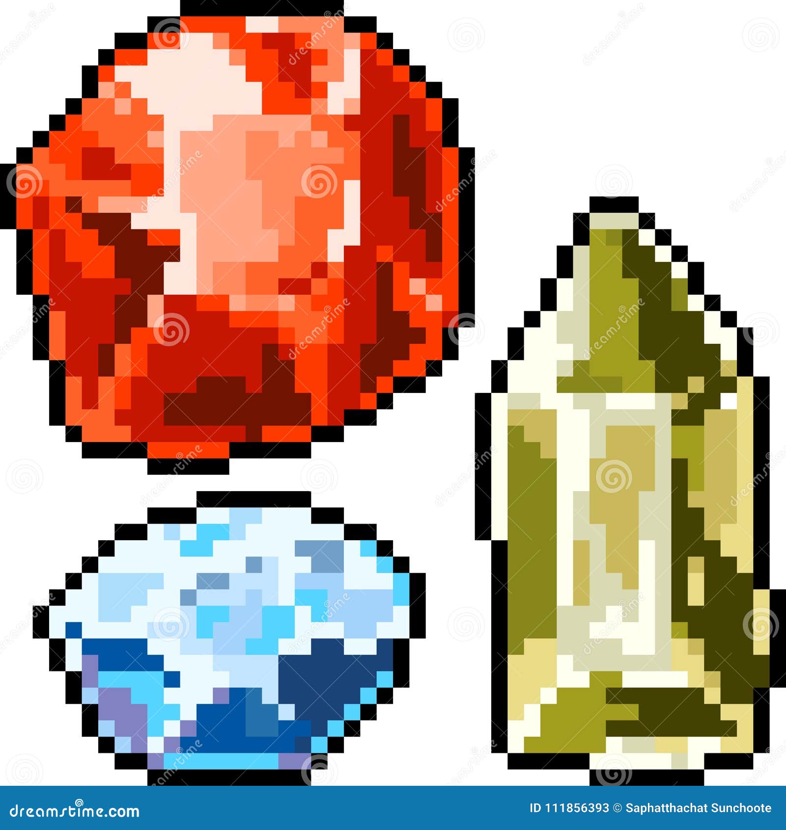 Pixel Gemstone Set. Vibrant Jewels Retro-style Pixel Diamond Ruby ...