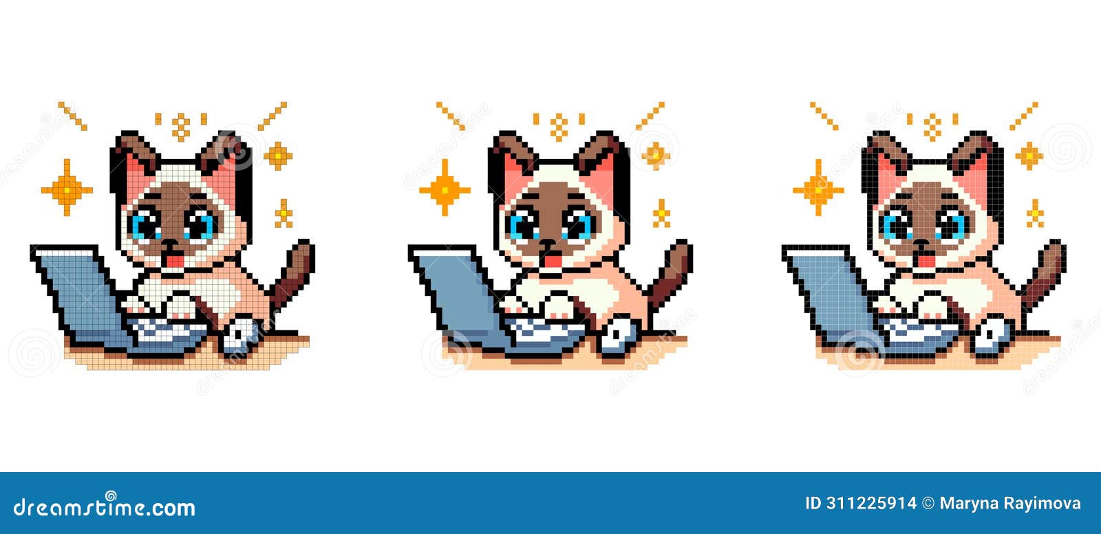 Vector Pixel Art Icon with Siamese Cat Typing on a Computer with a ...