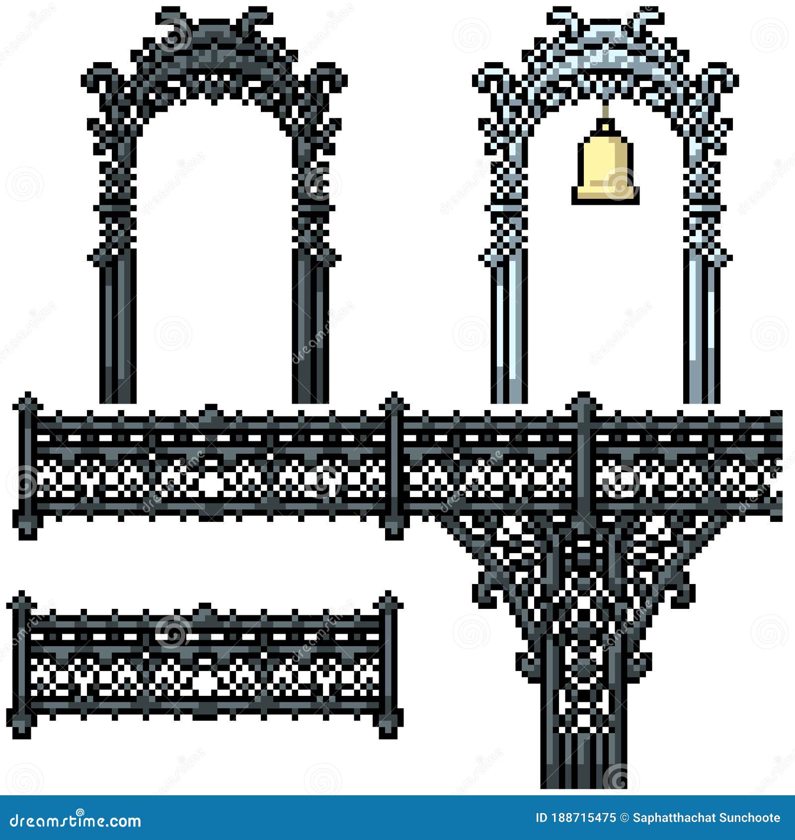 Vector Pixel Art Luxury Bridge Fence Gate Stock Vector - Illustration ...