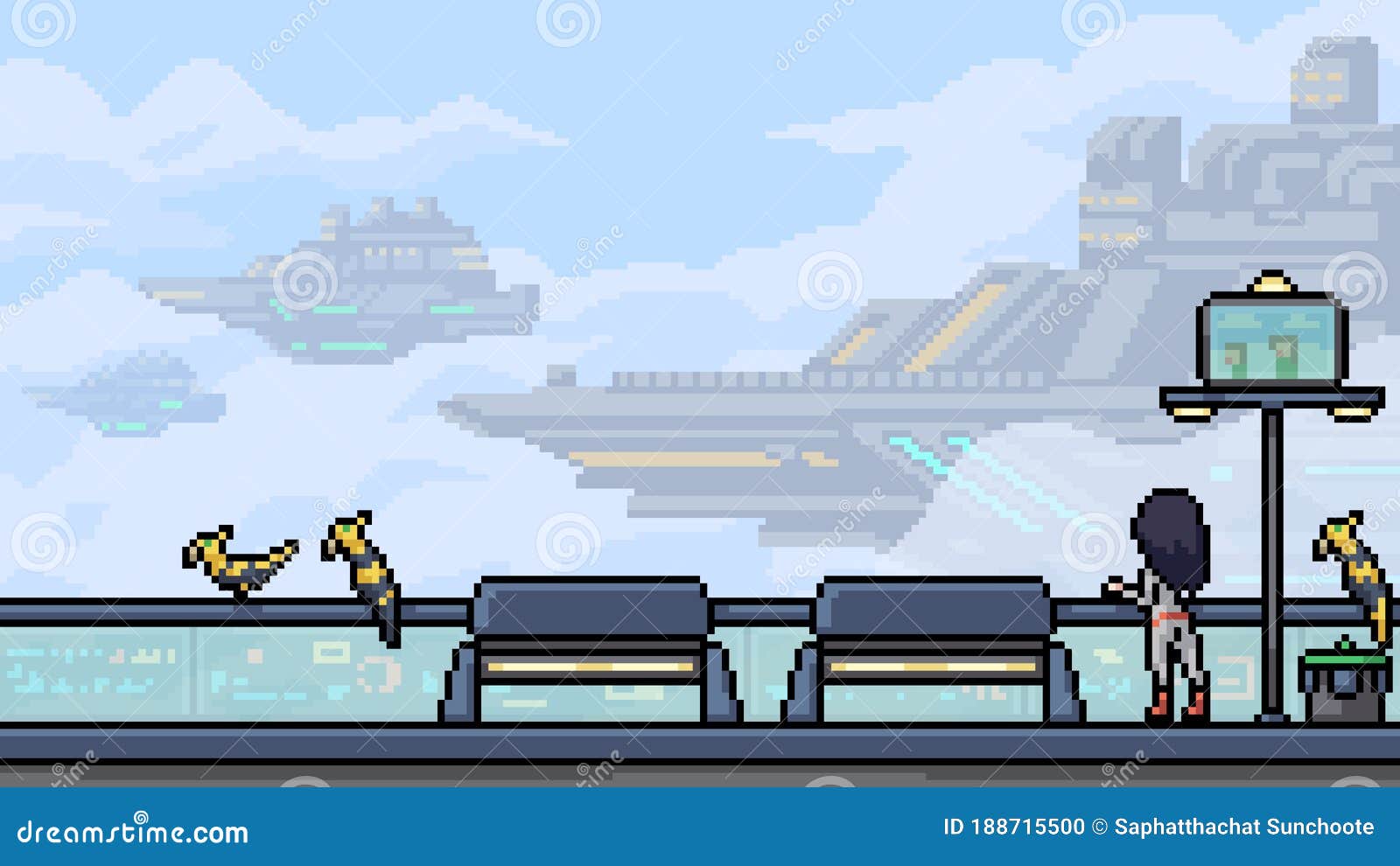 Vector Pixel Art Sci Fi Airship Stock Vector - Illustration of bird ...