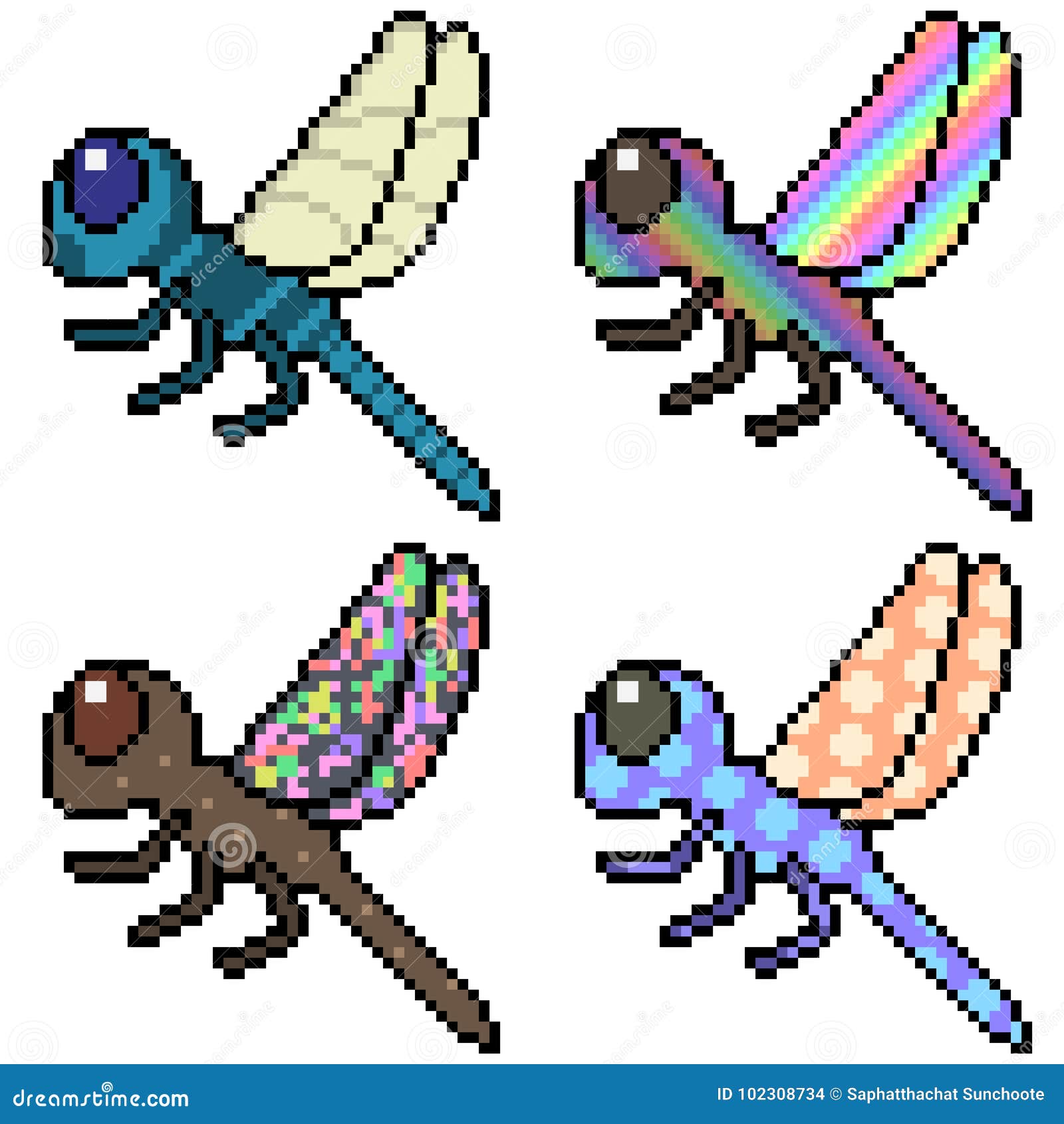 Vector Pixel Art Set Dragonfly Stock Vector - Illustration of pixel ...