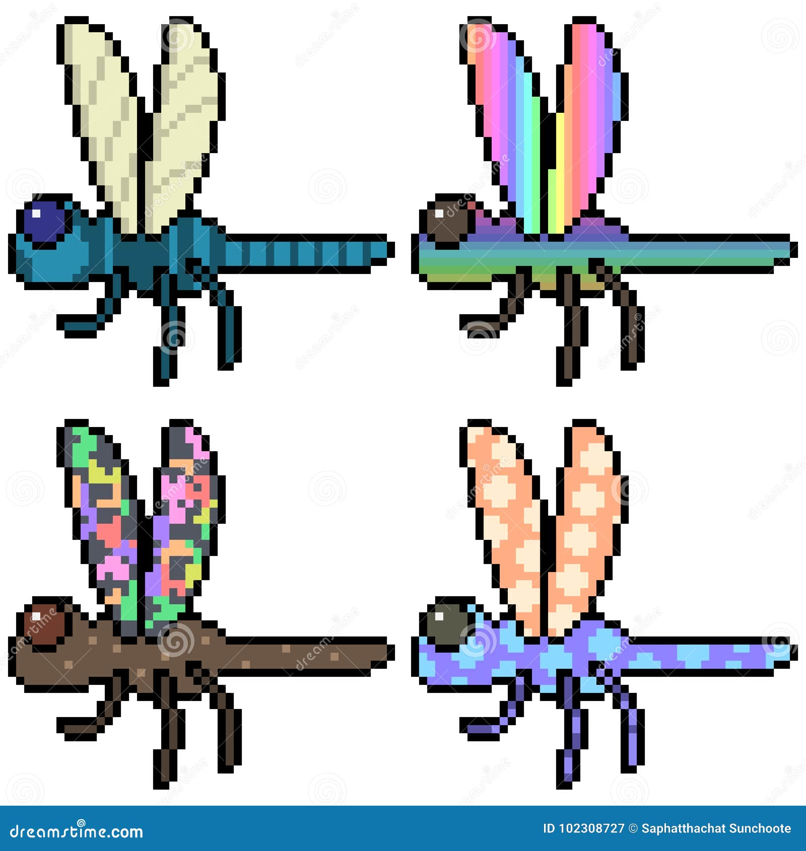 Vector Pixel Art Set Dragonfly Stock Vector - Illustration of colorful ...
