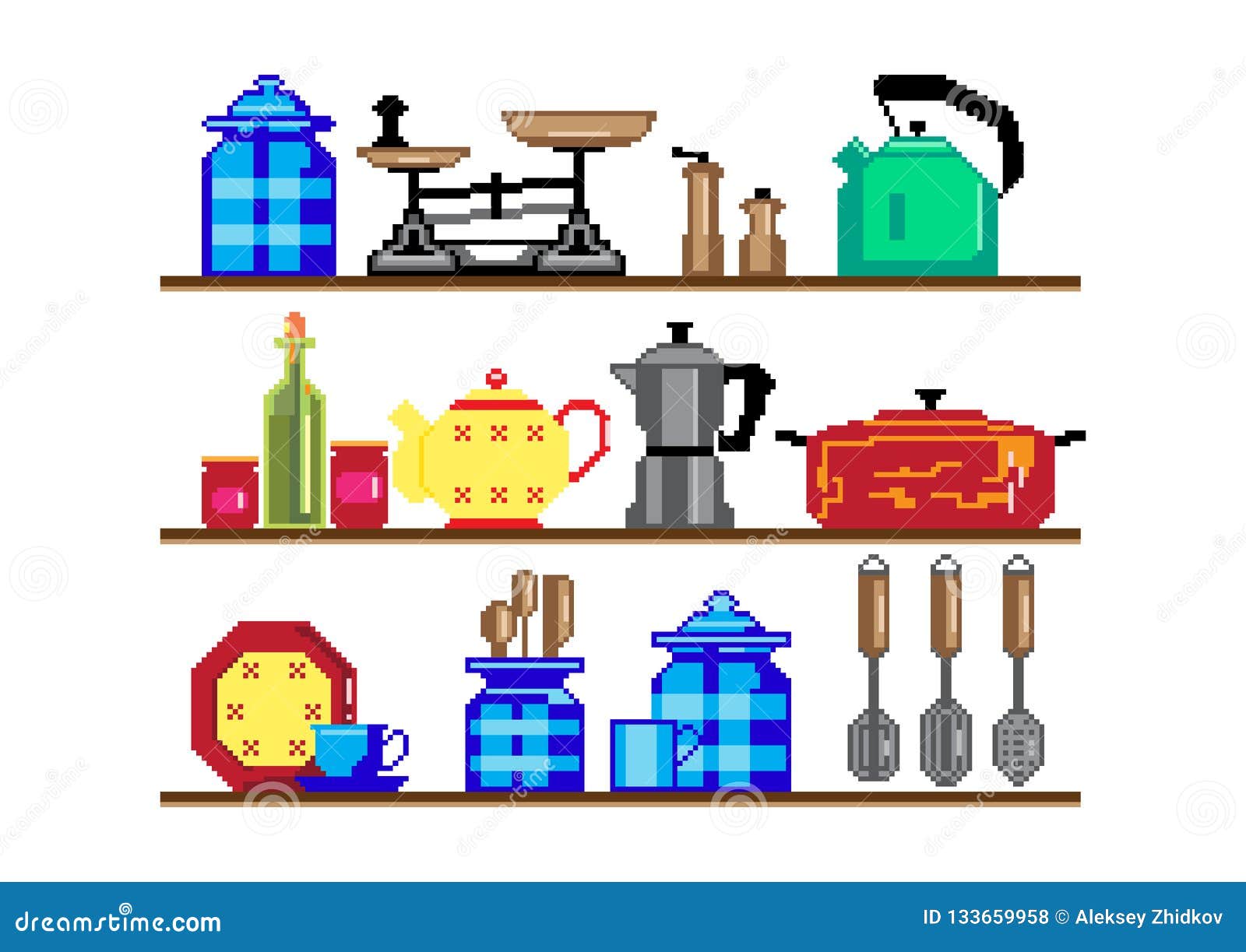 Vector Pixel Art. Shelf in the Kitchen Stock Illustration ...