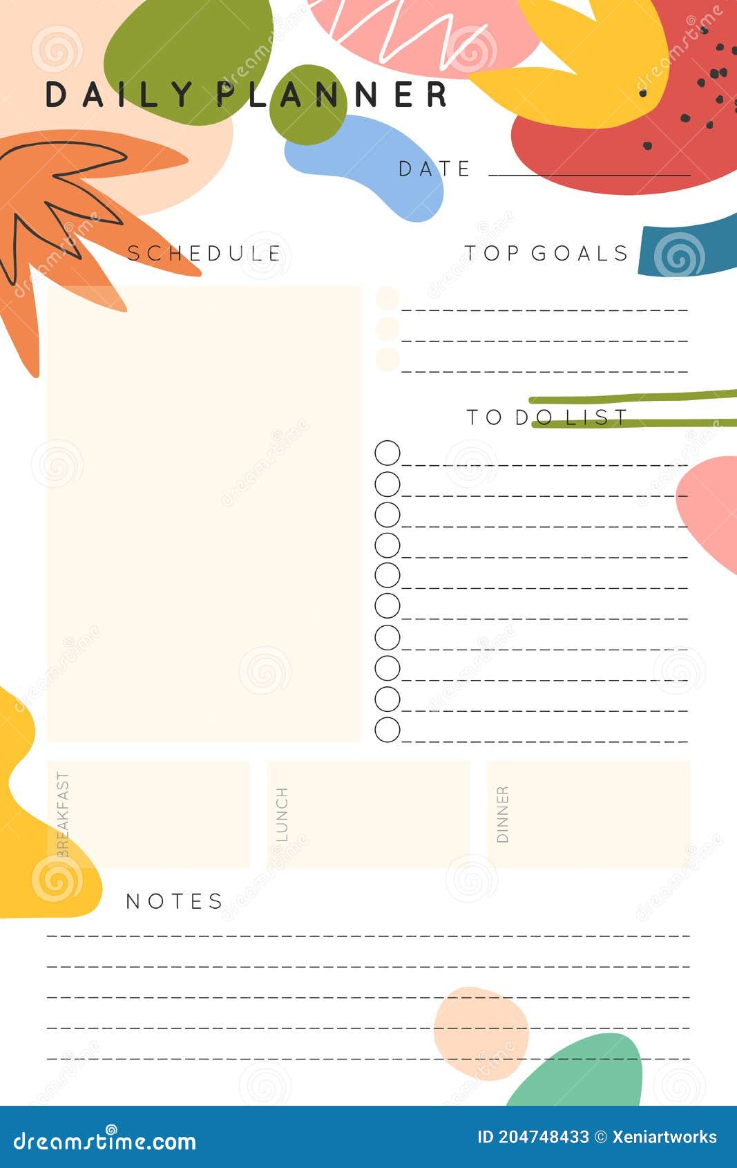 Vector daily Planner Template with Abstract Hand Drawn Organic Shapes ...