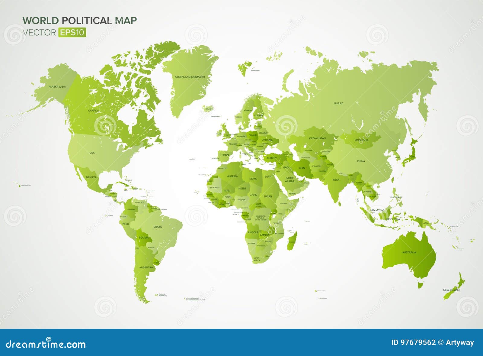 Vector Political Map with the Names of All Countries in Green Gradient ...