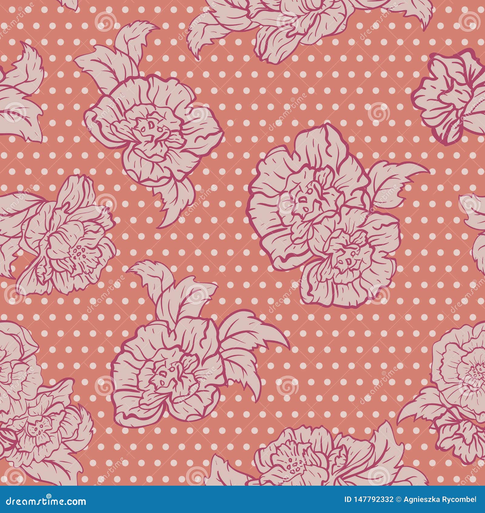 Vector Polka Dot Roses in Red Nd Orange Seamless Pattern Background ...
