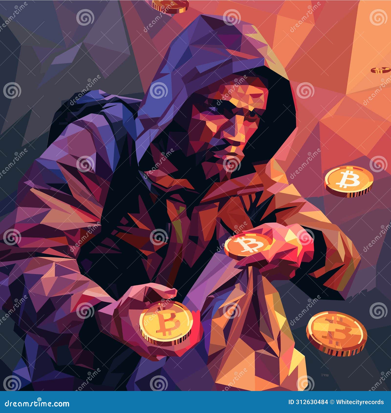 Vector Polygonal Illustration of a Hacker with a Gold Coin. Stock ...