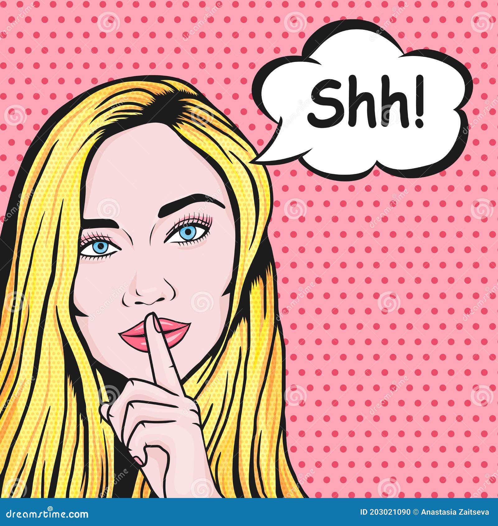 Vector Pop Art Comic Woman Holding Finger On Lips For Quiet Silence