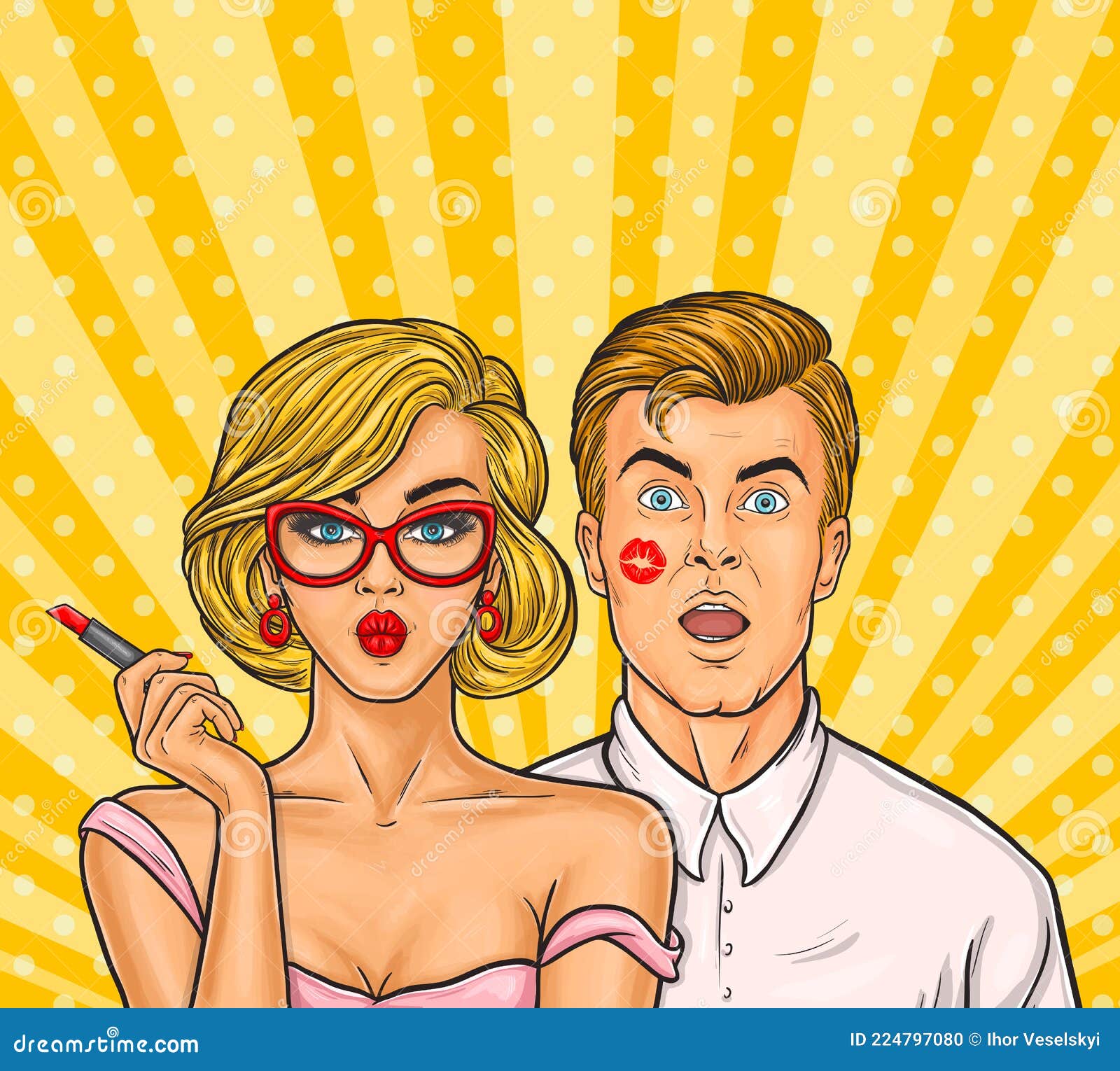 Pop Art Woman With Red Lipstick Kissed A Man Stock Vector