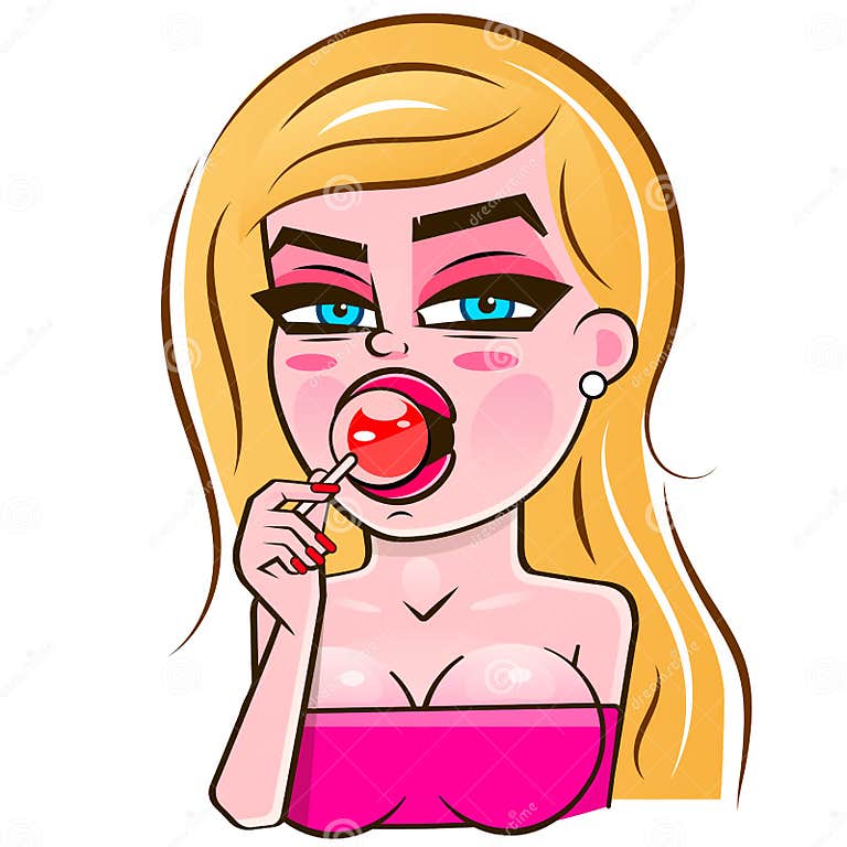 Vector Pop Art Pin Up Illustration Of A Young Punk Girl Sucks Lollipop