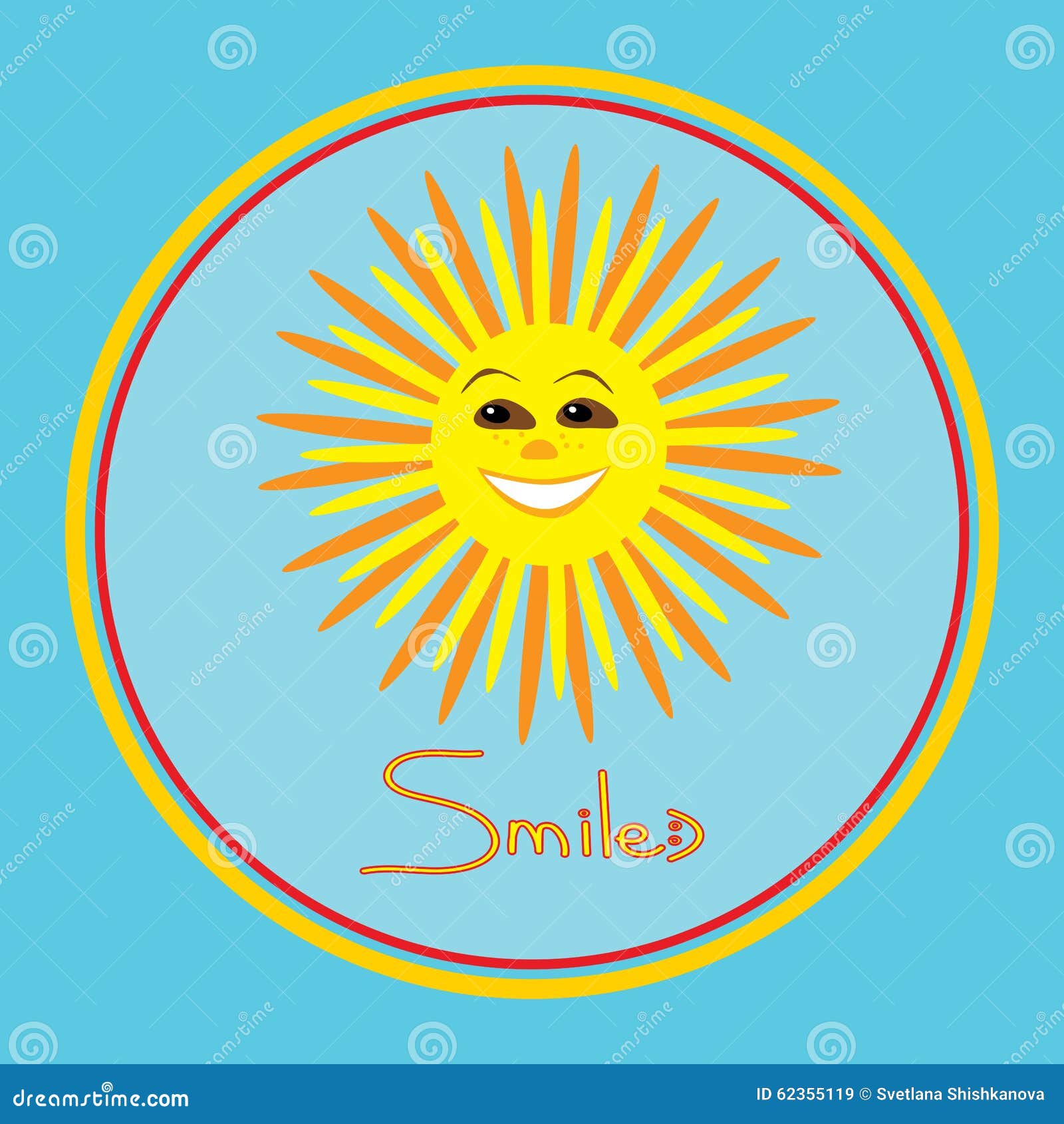 Vector Positive Illustration of Smiling Sun in the Round Frame. Stock ...