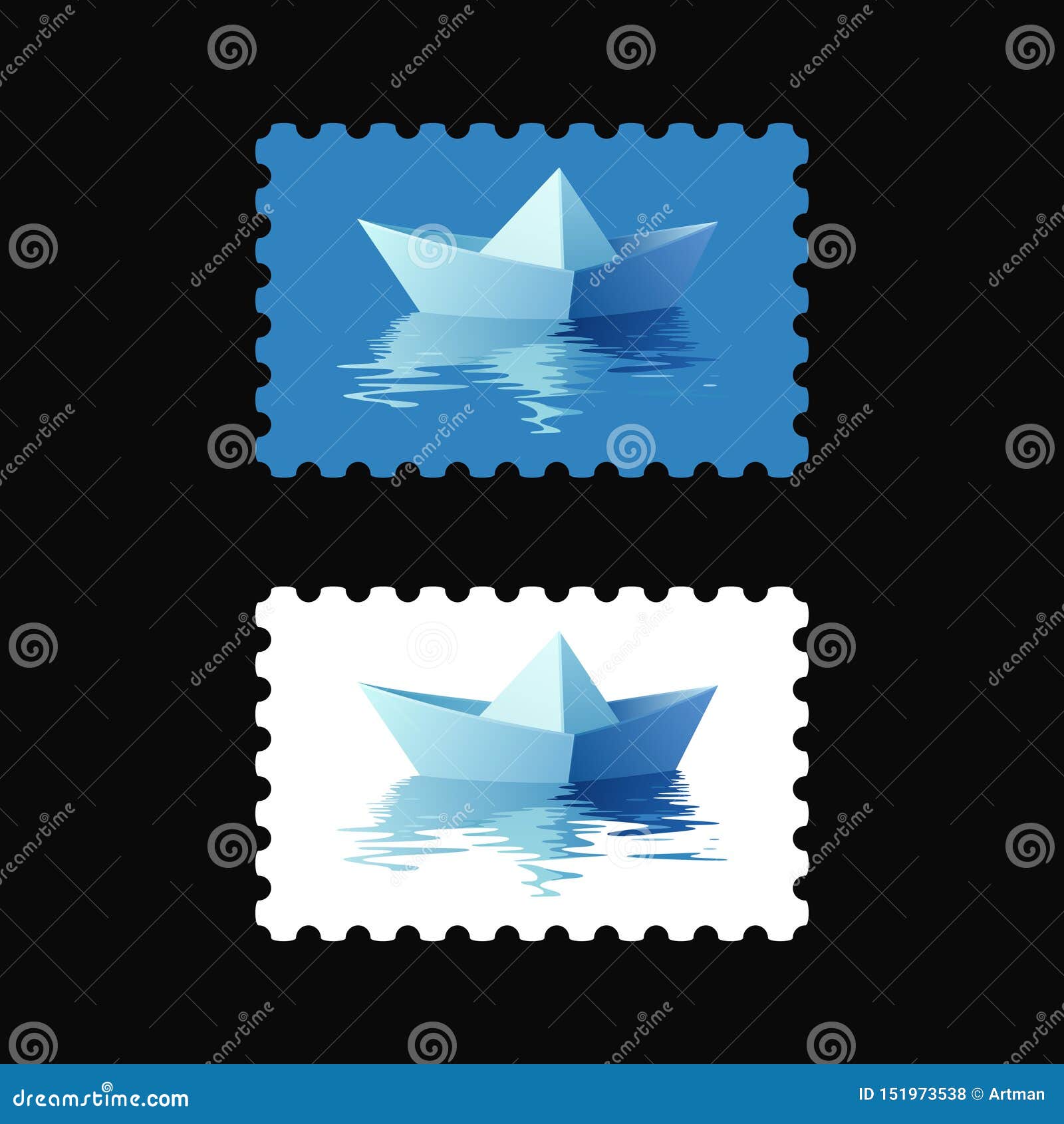 Vector Postage Stamps with Origami Boat on Water Stock Vector ...
