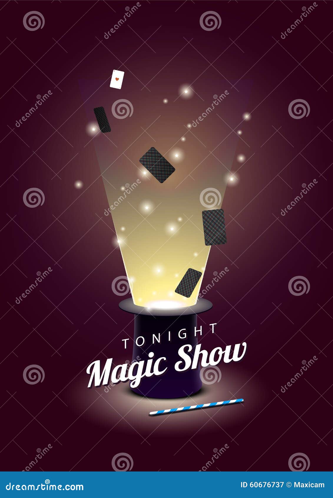 Vector Poster with Magician Hat with Flying Cards and Magic Wand Stock ...